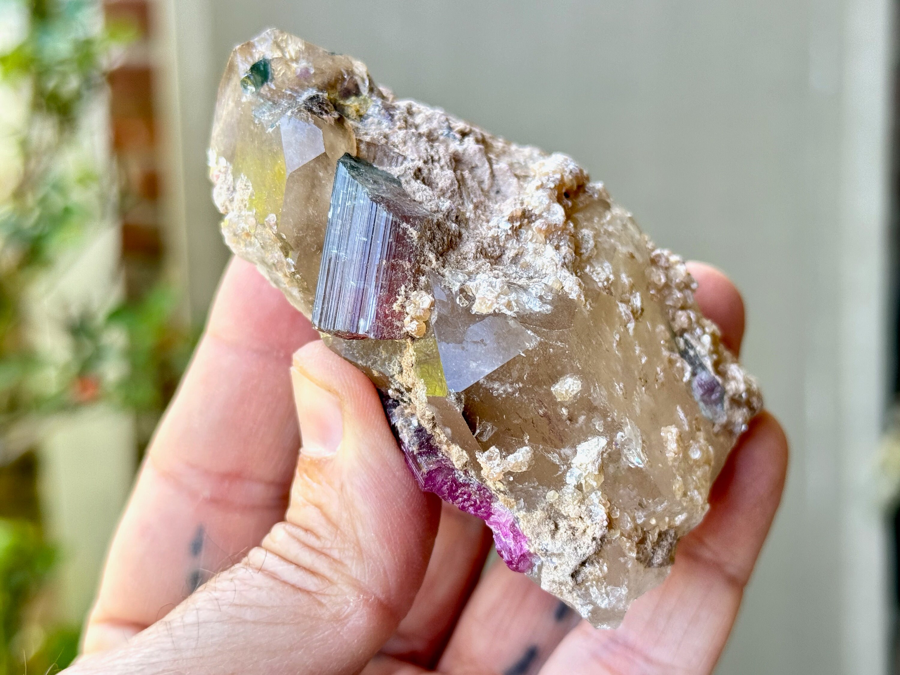 Quartz with Bicolor Pink and Teal Blue Green Tourmaline and Pink ...