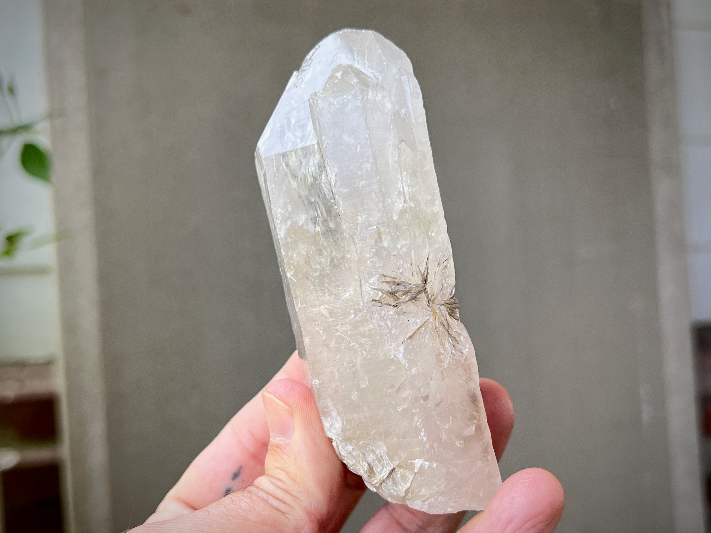 Elestial Quartz Crystal with White Mica Flower Inclusion and Rainbow ...
