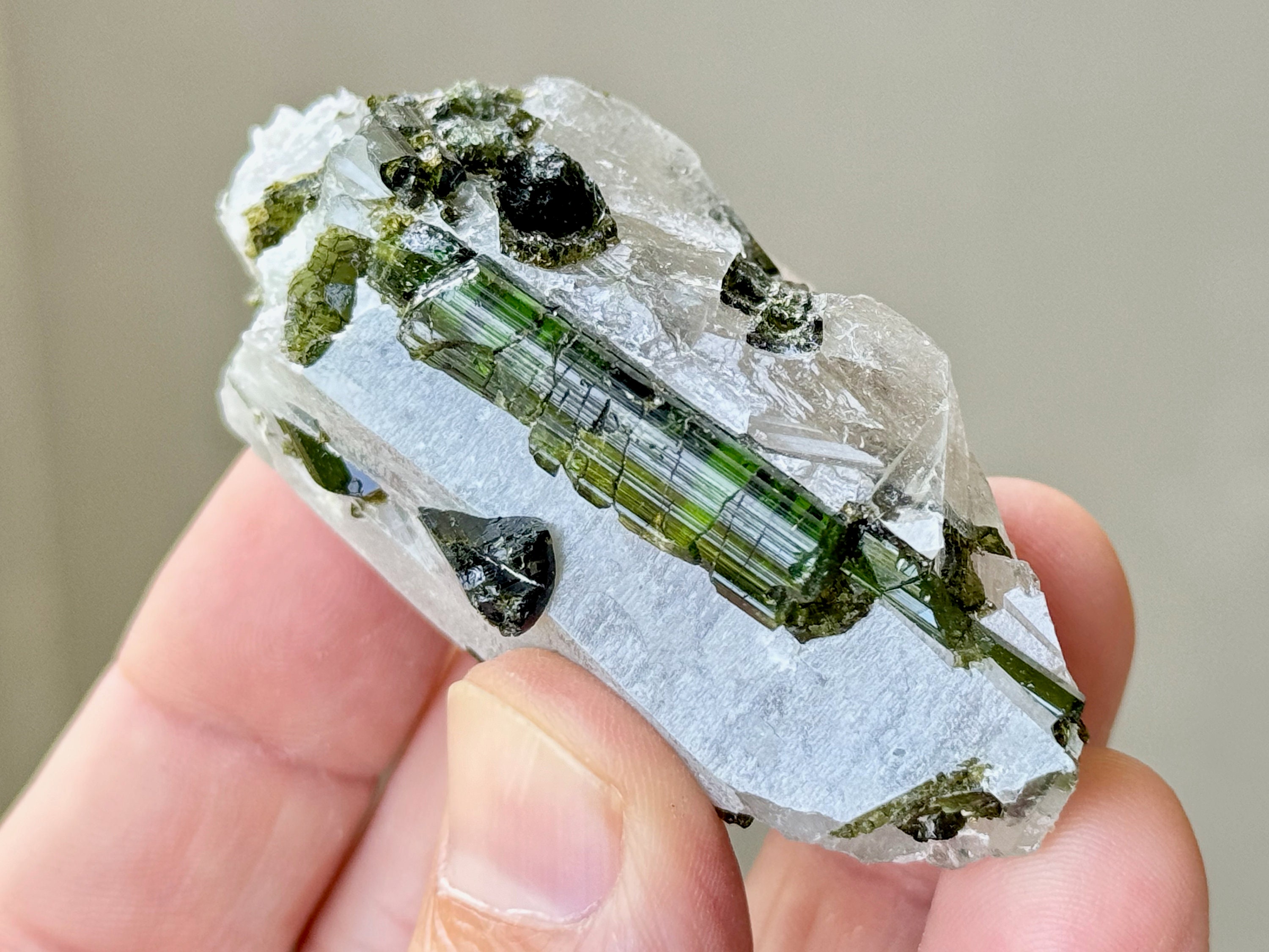 Quartz Crystal with Vibrant, Gemmy Green Tourmaline Inclusions, New ...