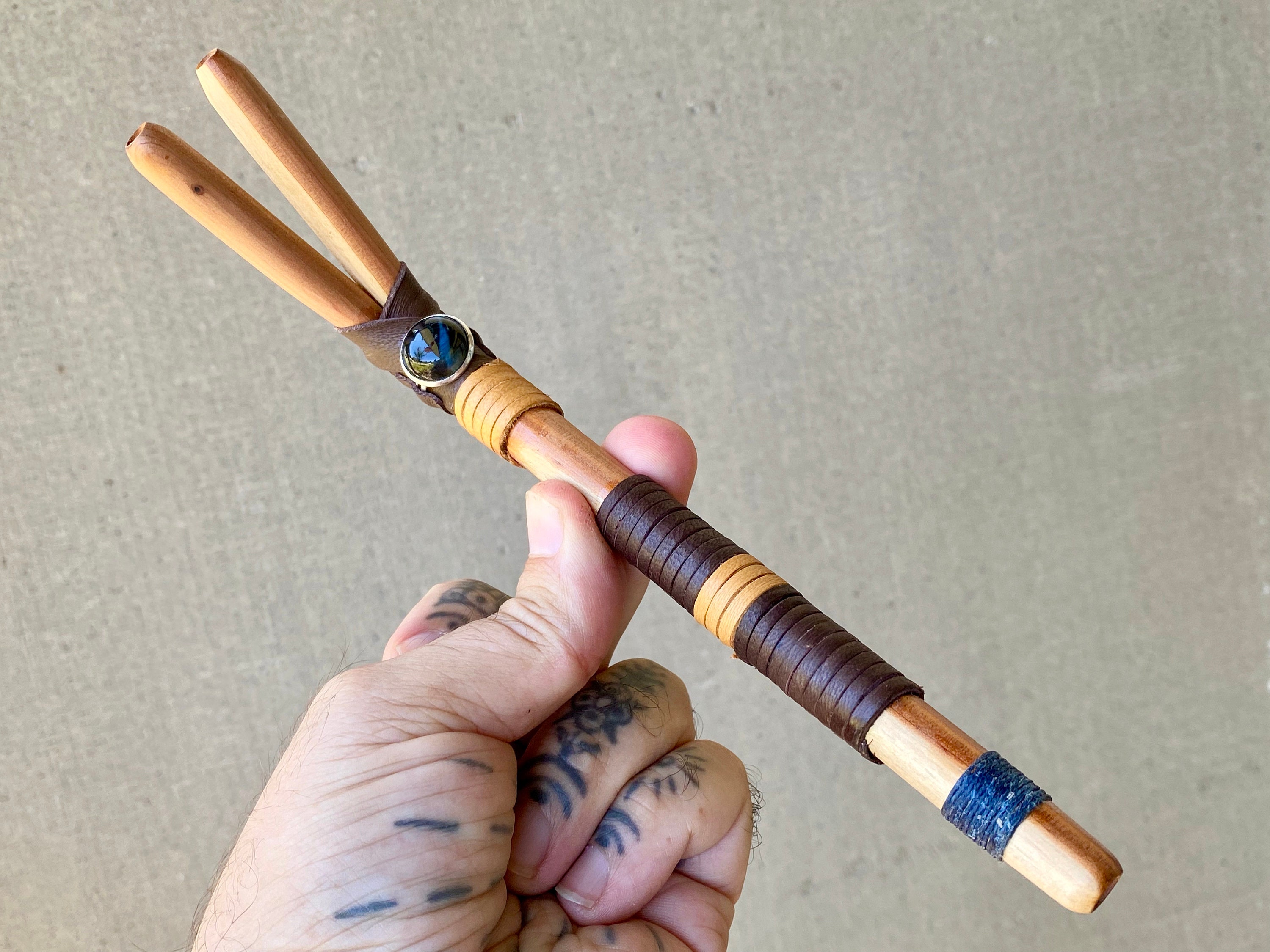Double Tepi (kuripe) pipe with Blue Tiger's Eye, Solid Wood Tepi ...