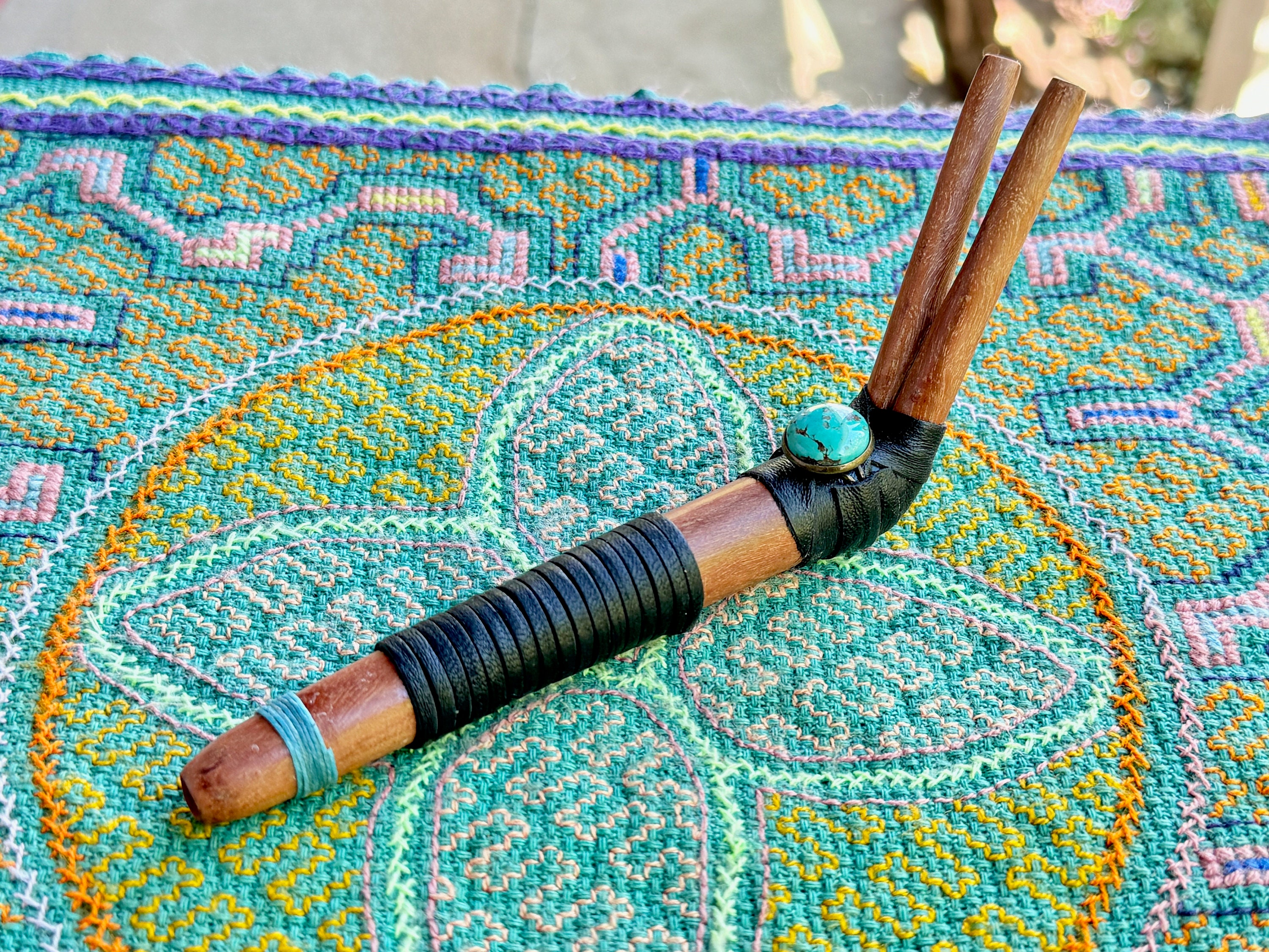 Double Tepi Pipe with Cloud Mountain Turquoise, Natural Sawo Wood Tepi ...
