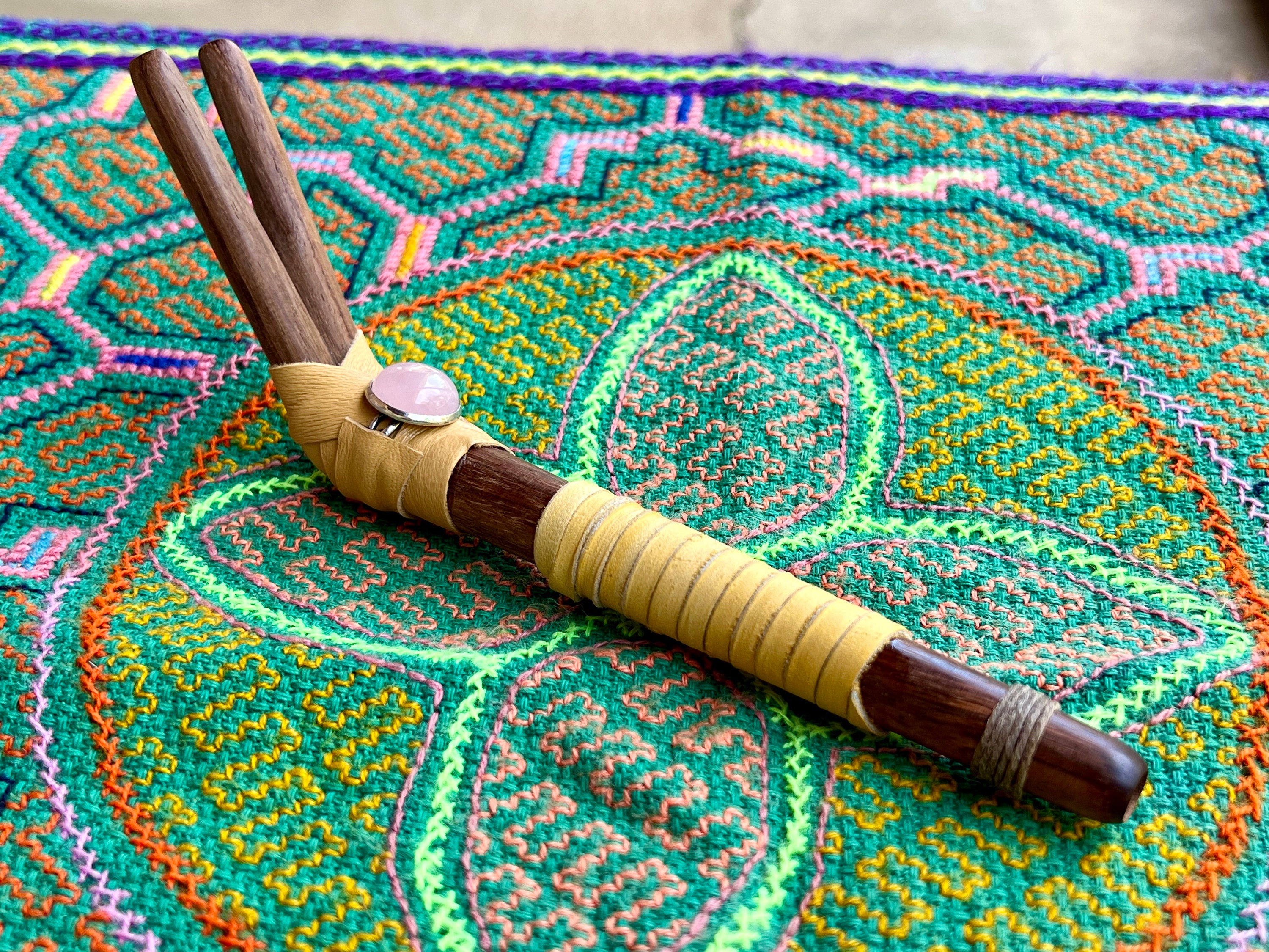 Double Tepi (kuripe) pipe with Rose Quartz, Handcrafted Dark Wood Tepi