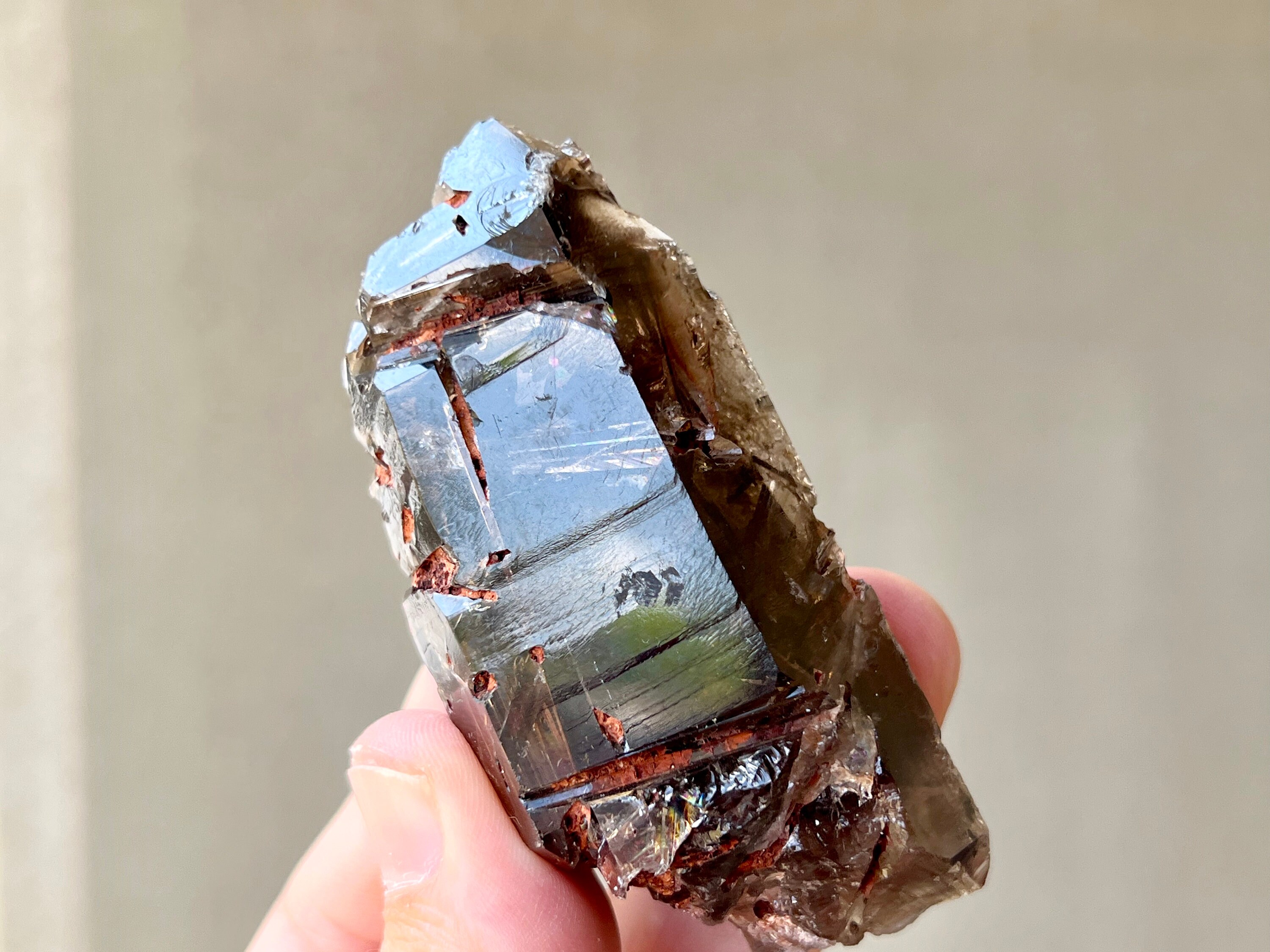 Growth Interference Smoky Quartz with Red Epidote (Piemontite), Rare ...