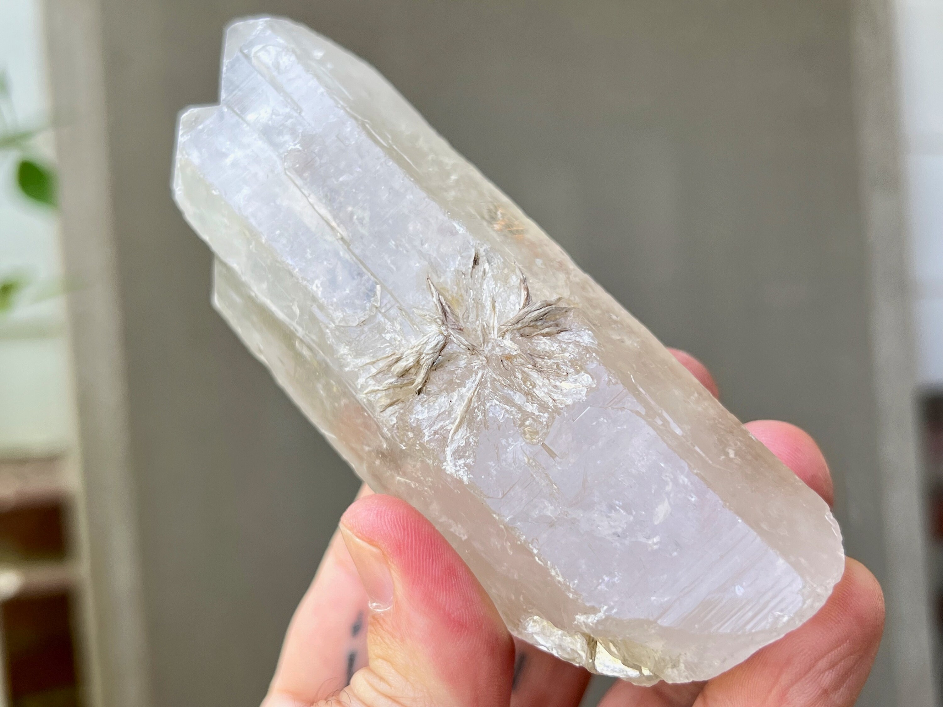 Elestial Quartz Crystal with White Mica Flower Inclusion and Rainbow ...