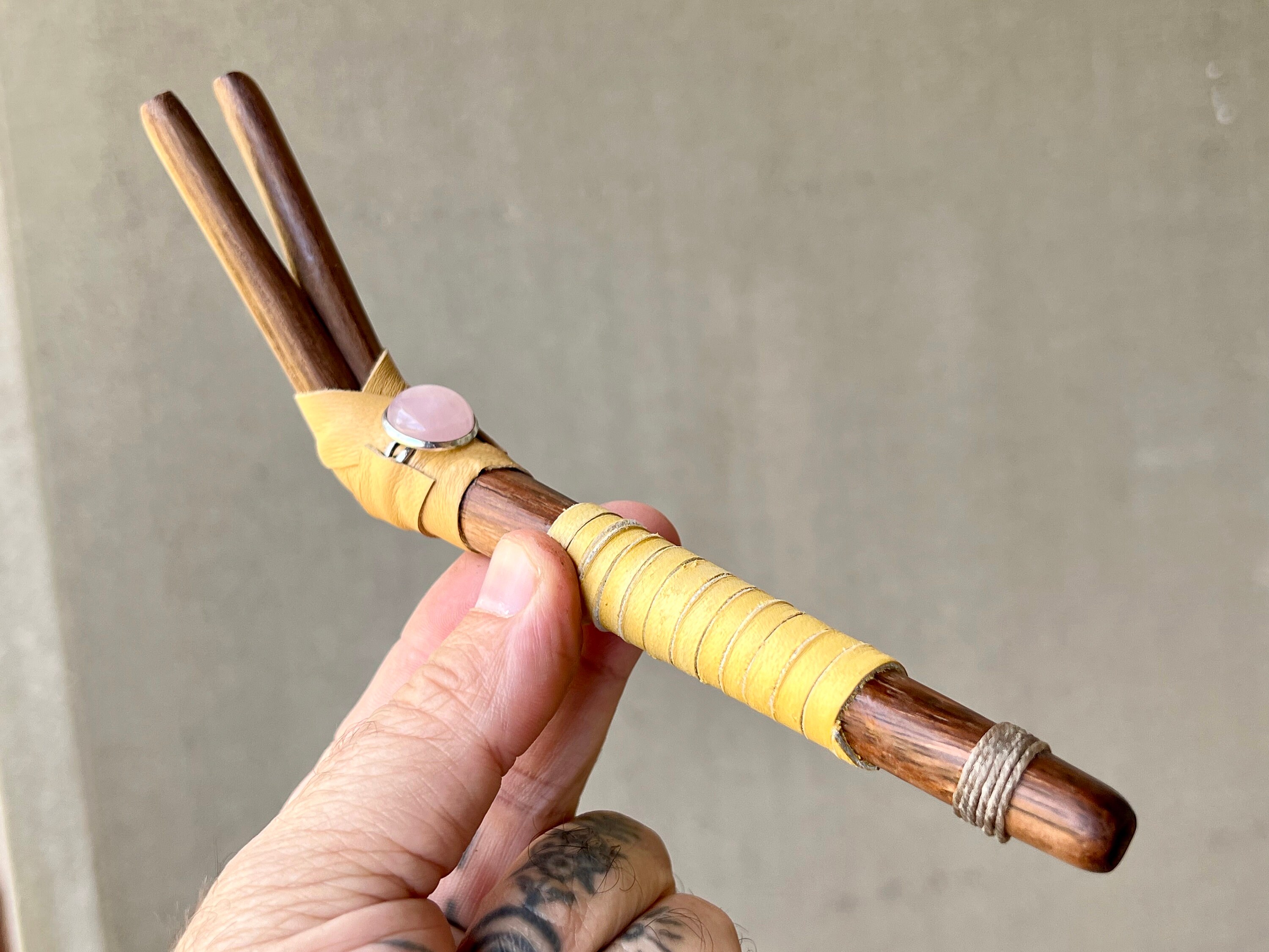 Double Tepi (kuripe) pipe with Rose Quartz, Handcrafted Dark Wood Tepi