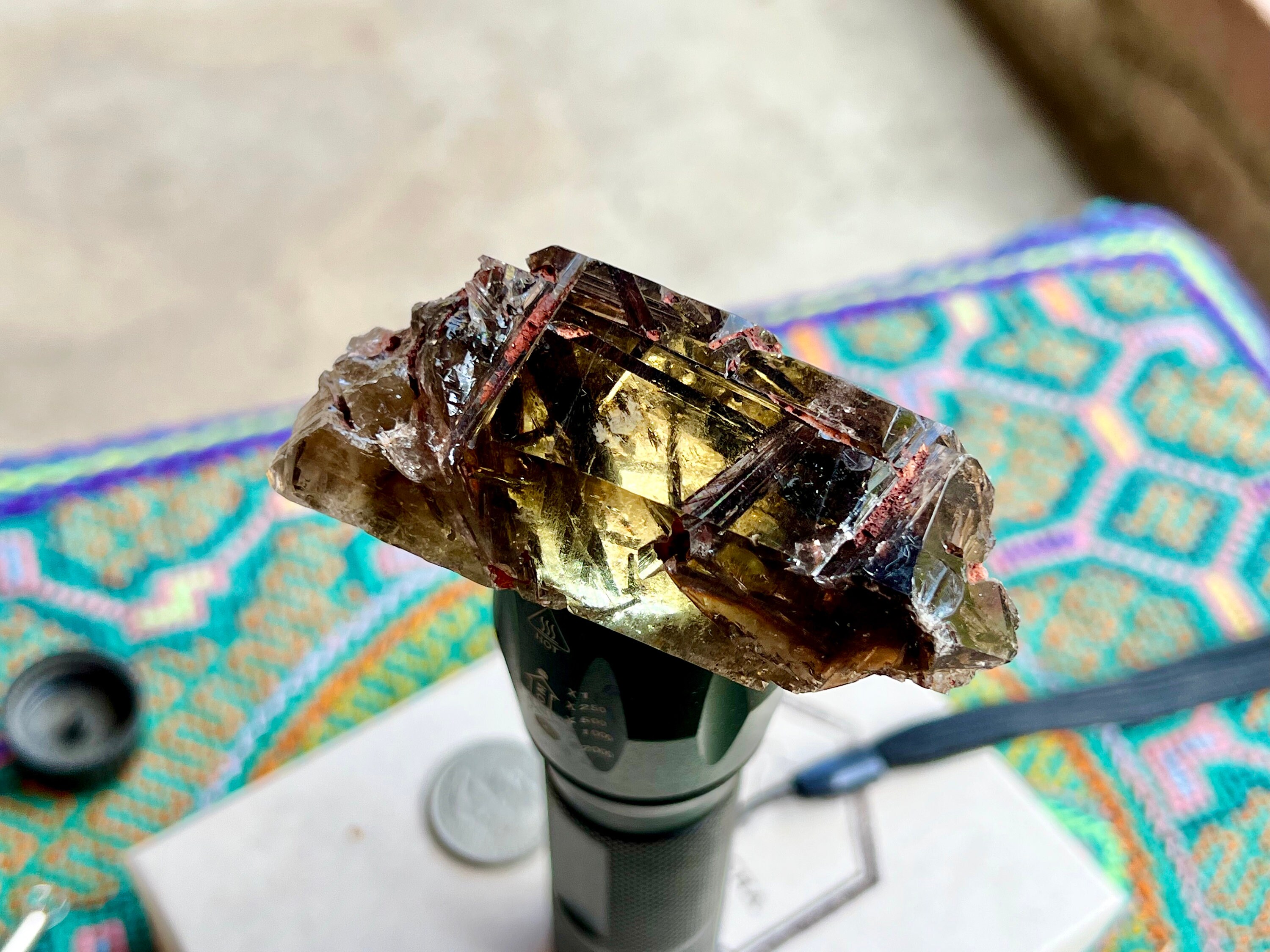 Growth Interference Smoky Quartz with Red Epidote (Piemontite), Rare ...