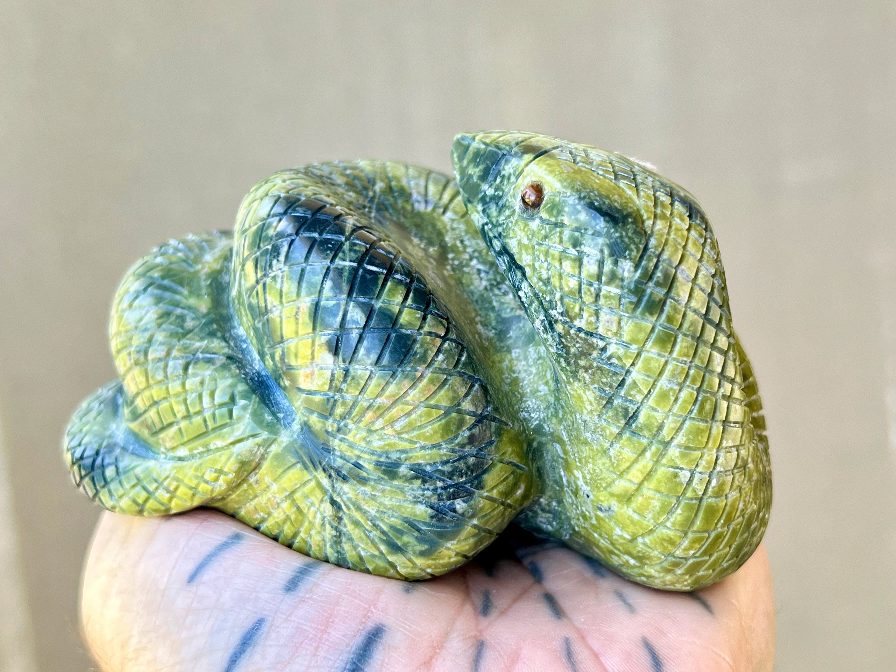 Serpentine Snake Statue from Peru’s Sacred Valley — Hand Carved Stone Serpent for Shamanic Altar ...