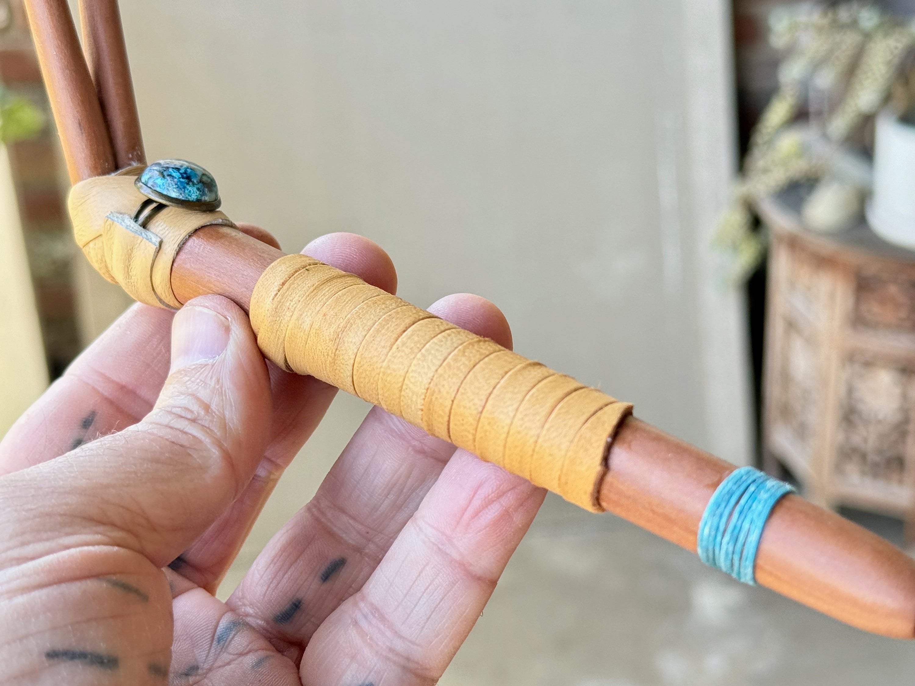 Double Tepi Pipe with Chrysocolla, Handcrafted from Natural Sawo Wood ...