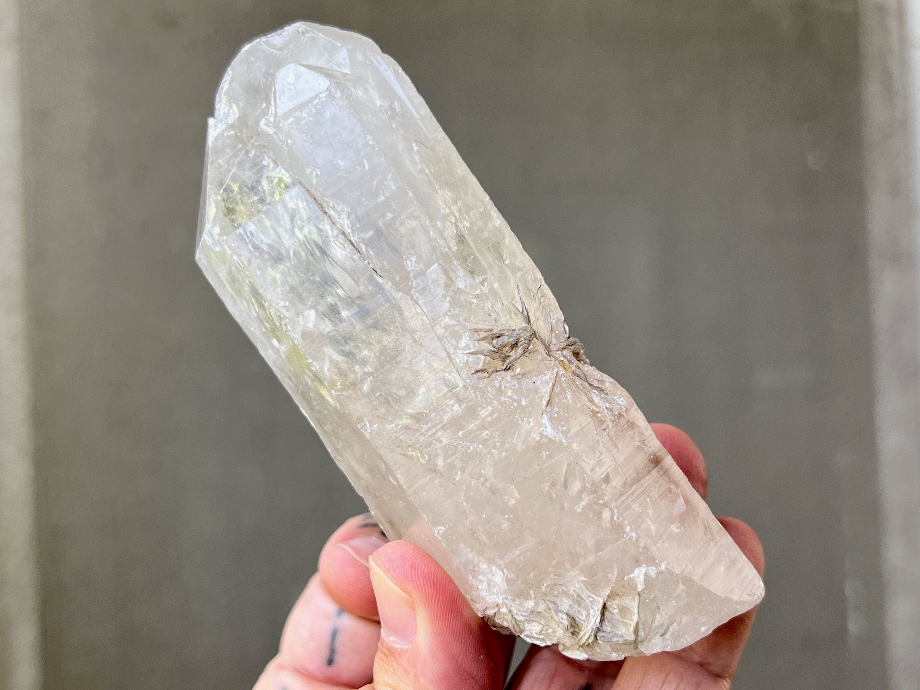 Elestial Quartz Crystal with White Mica Flower Inclusion and Rainbow ...