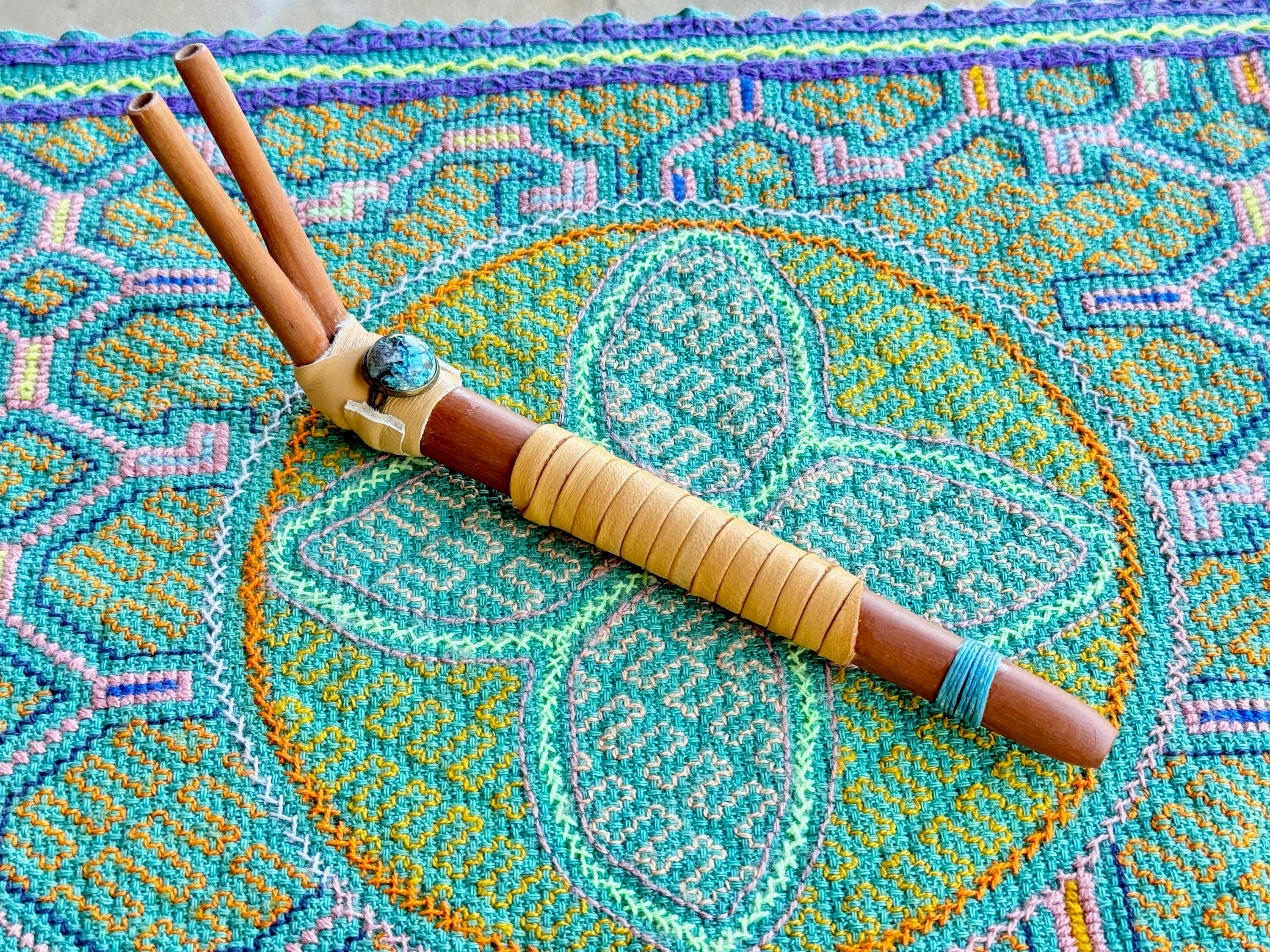 Double Tepi Pipe with Chrysocolla, Handcrafted from Natural Sawo Wood ...