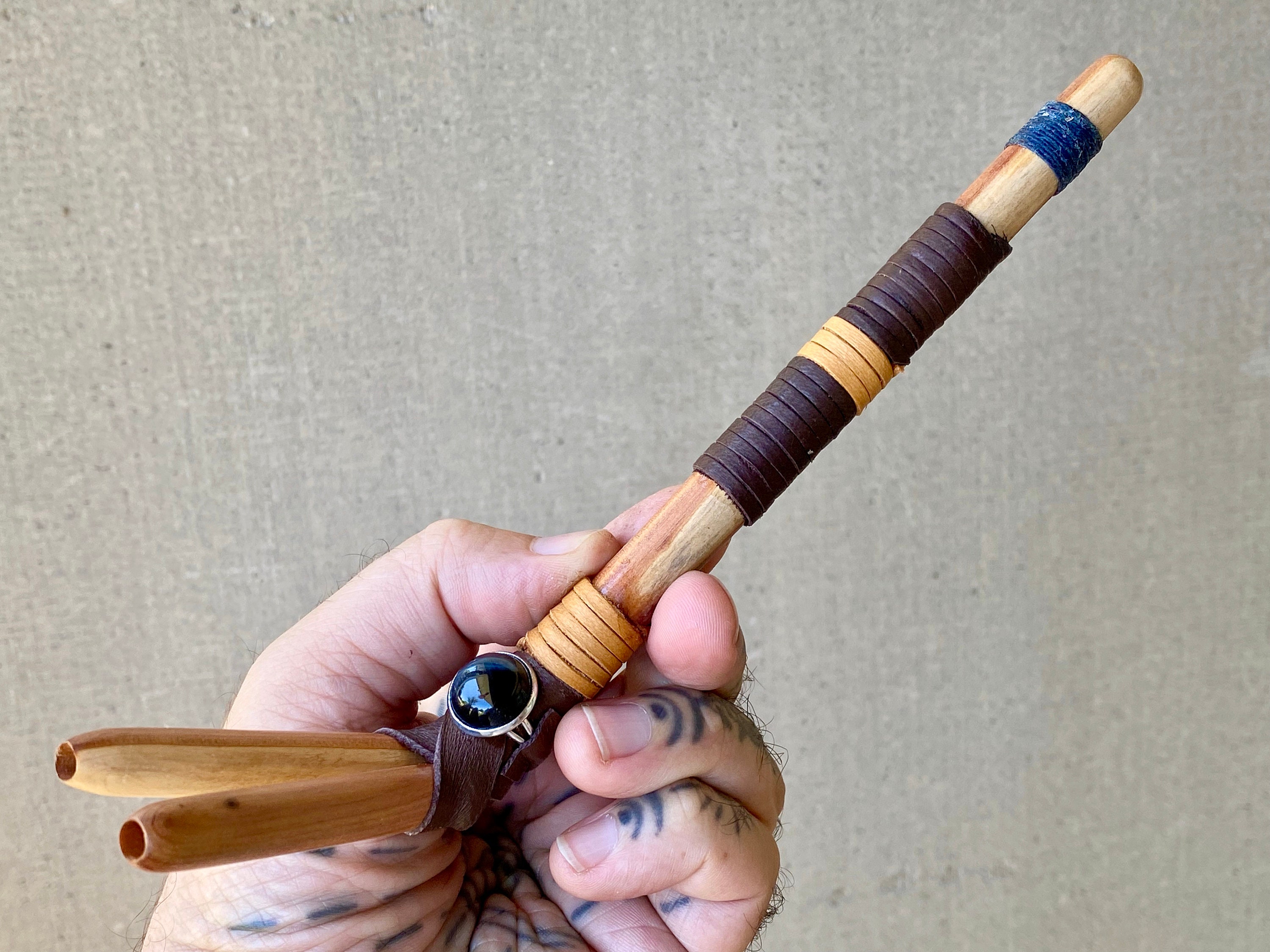 Double Tepi (kuripe) pipe with Blue Tiger's Eye, Solid Wood Tepi ...