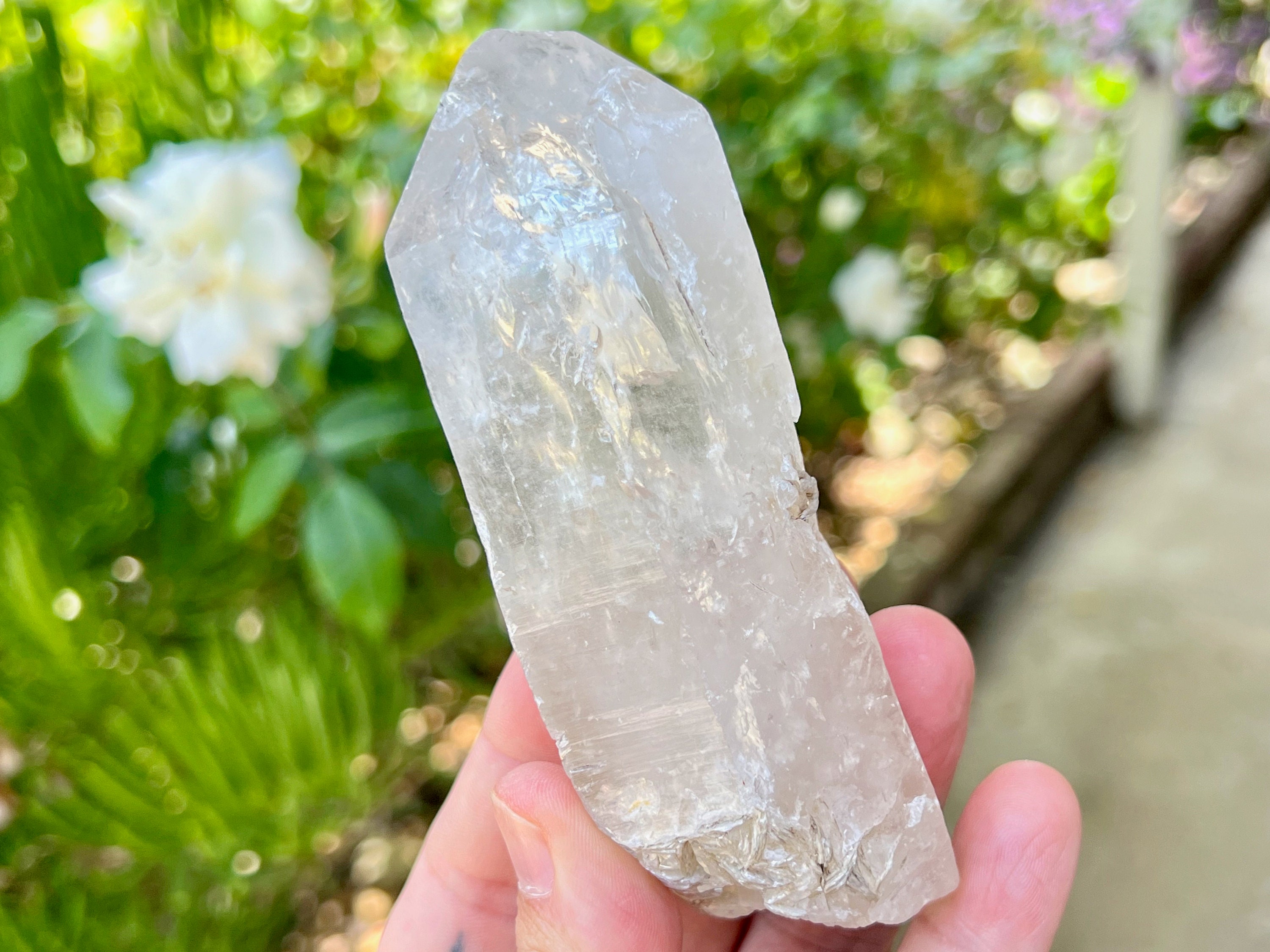 Elestial Quartz Crystal with White Mica Flower Inclusion and Rainbow ...