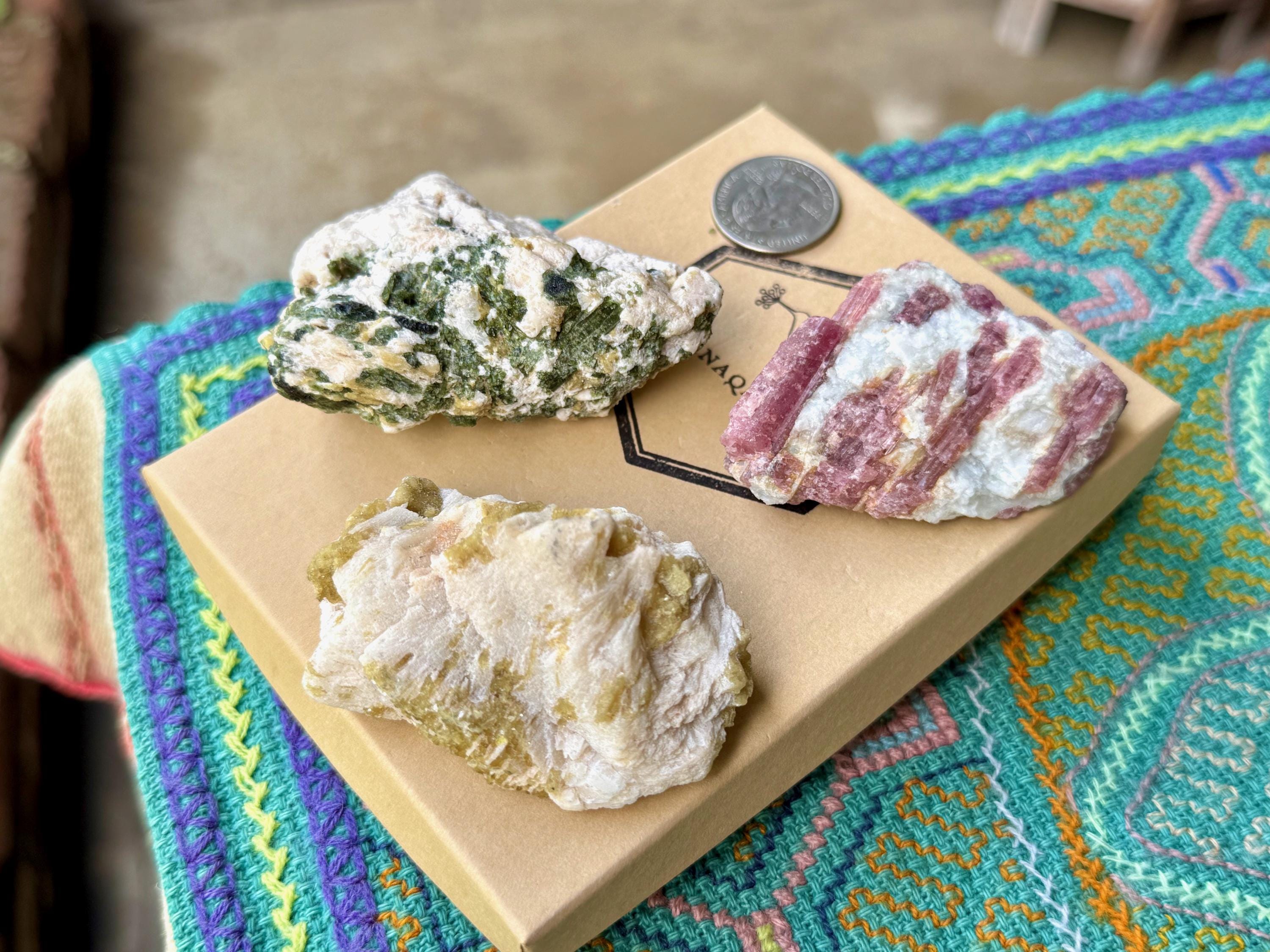 White Albite Lot with Golden Mica and Green & Pink Tourmaline, 3 Pieces ...