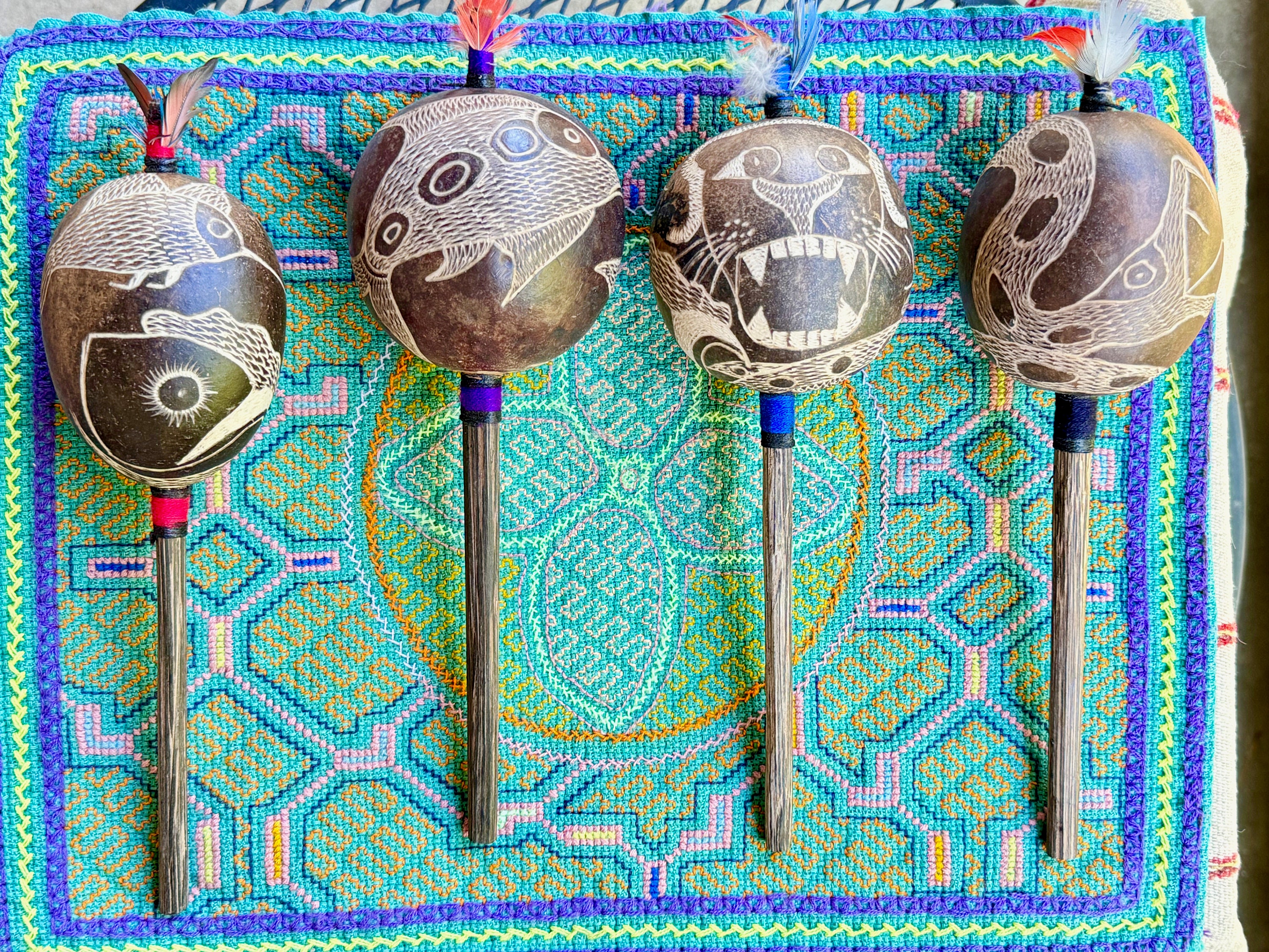 Shaman Rattle with Condor, Dolphin, Jaguar, Hummingbird and Serpent ...