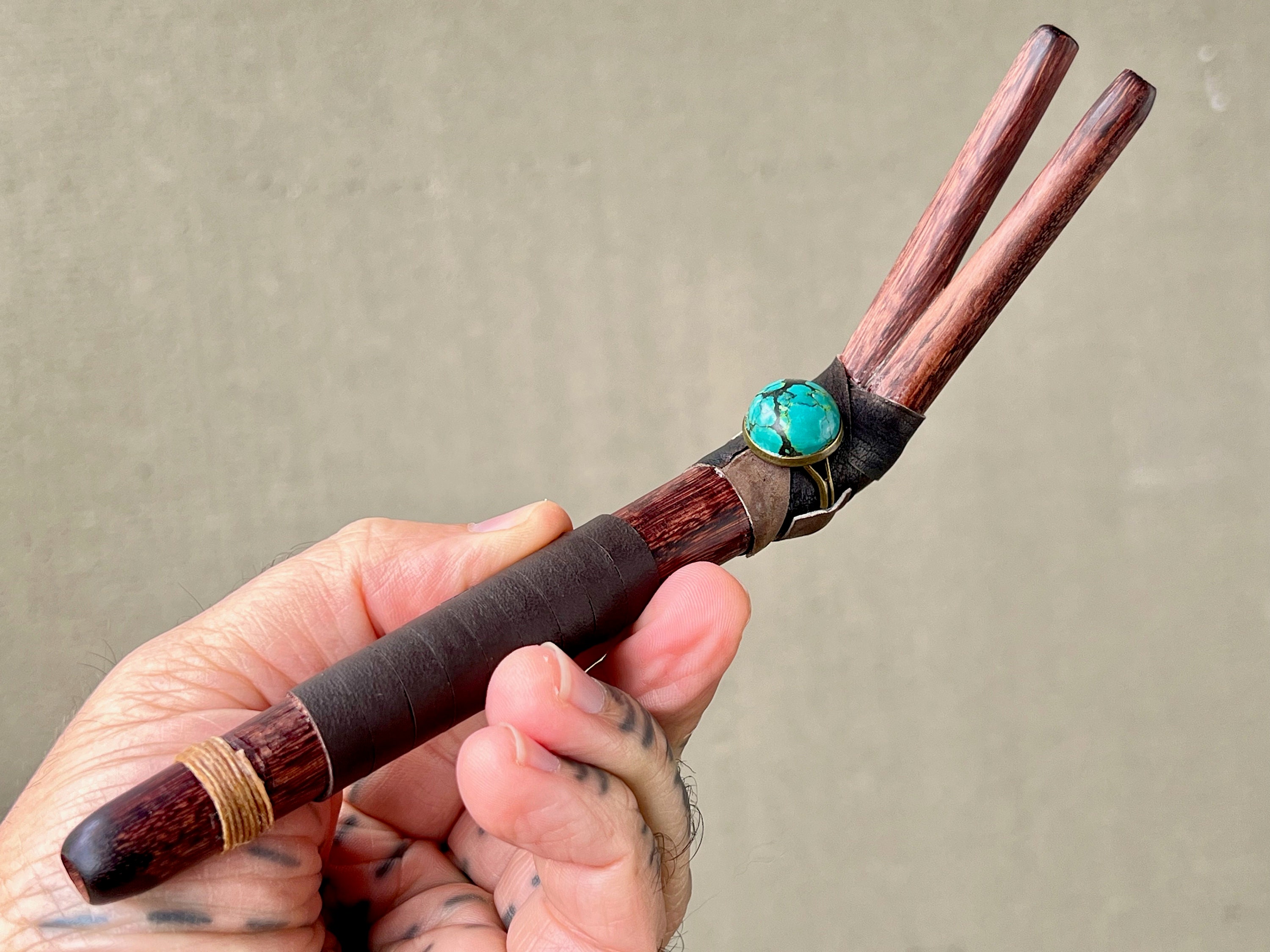 Double Tepi Pipe with Cloud Mountain Turquoise, Solid Dark Wood Tepi ...