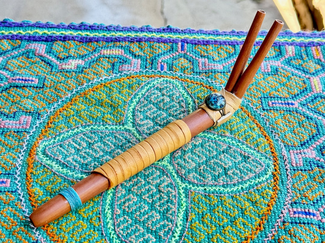 Double Tepi Pipe With Chrysocolla, Handcrafted From Natural Sawo Wood ...