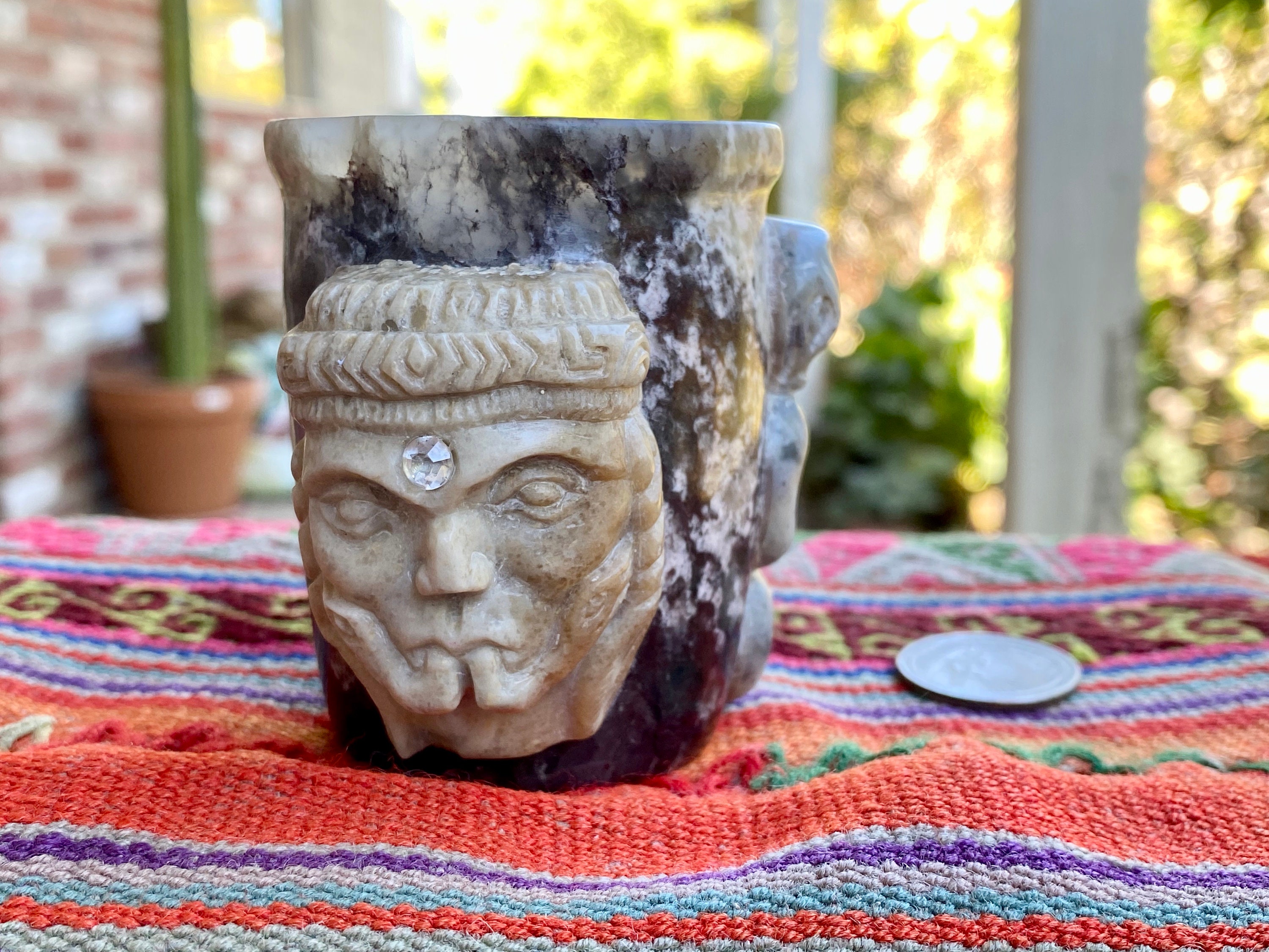 Medicine Cup with Chaua Guardian and Serpent, Carved Stone Cup for ...