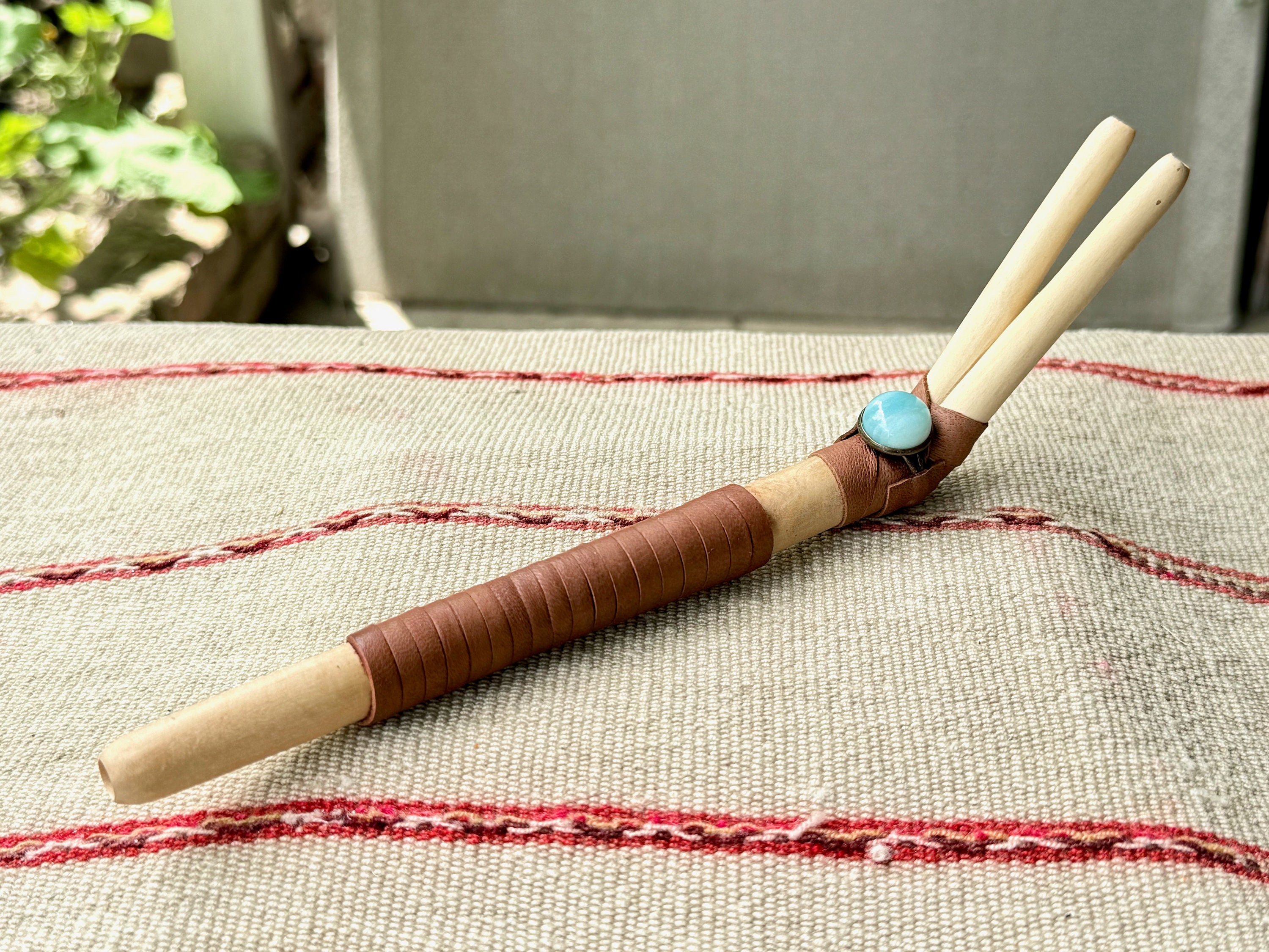 Double Tepi Pipe with Pale Blue Amazonite, Natural Light Wood Double ...
