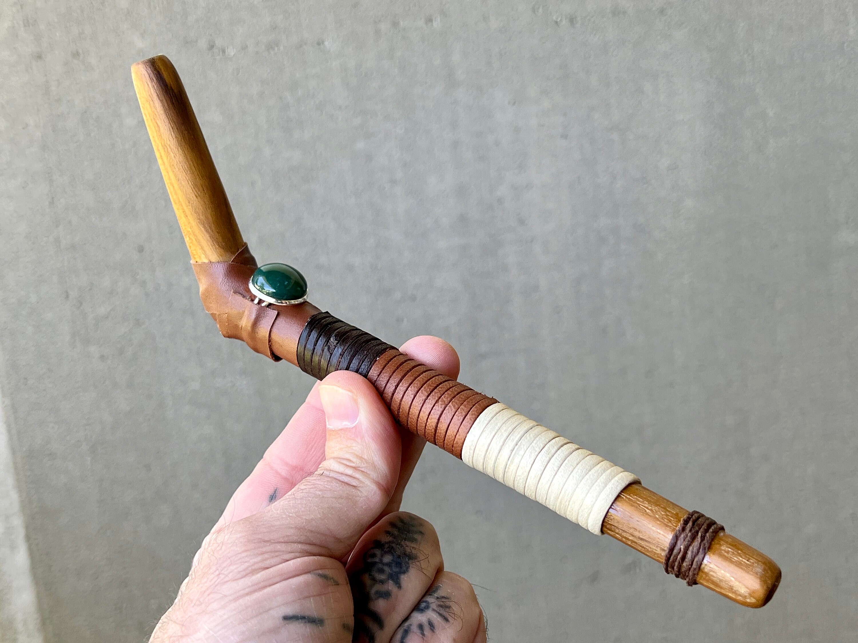 Tepi pipe with Moss Agate, Large Solid Wood Tepi for Rapeh, shamanic ...