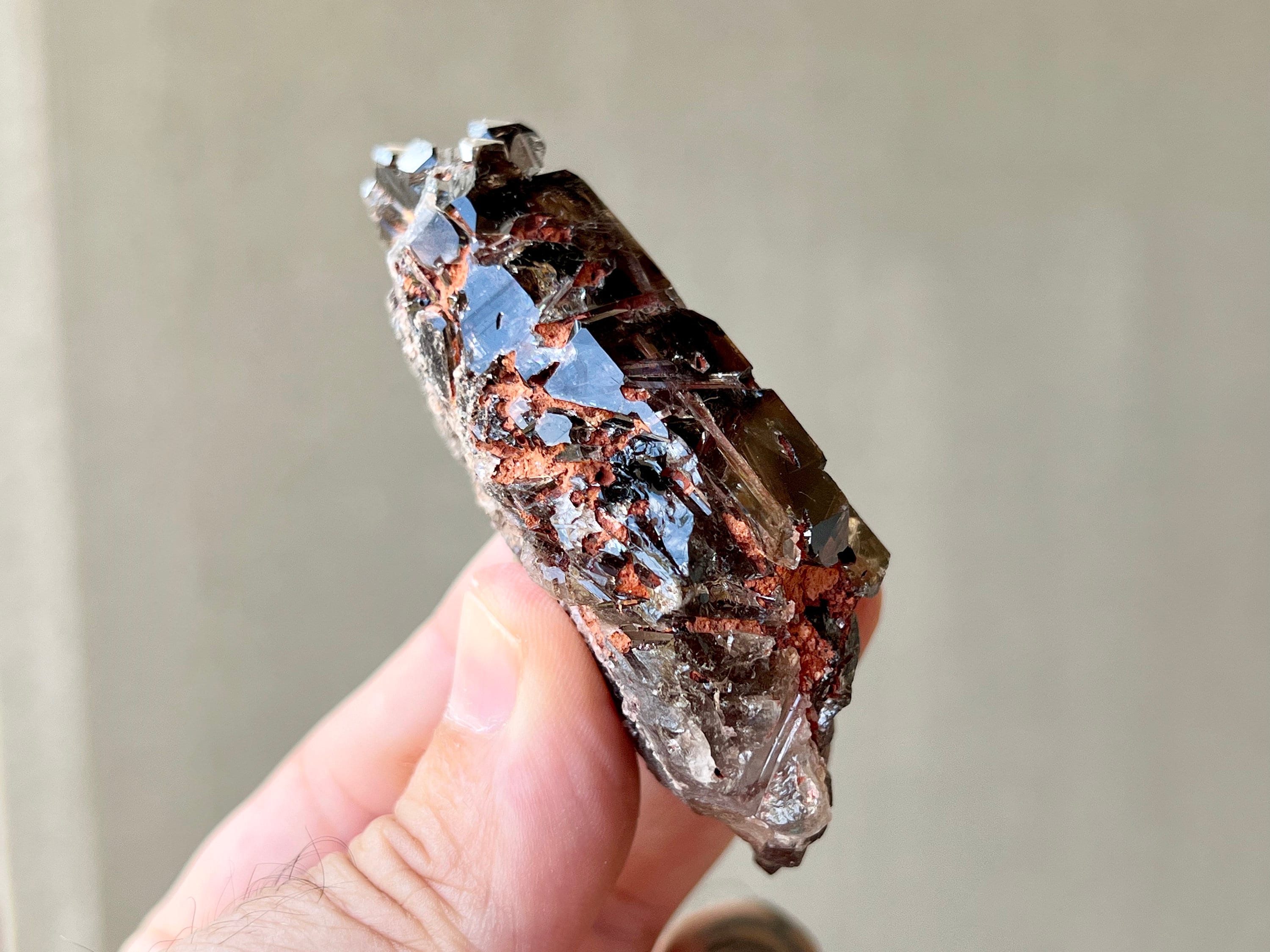 Growth Interference Smoky Quartz with Red Epidote (Piemontite), Rare ...