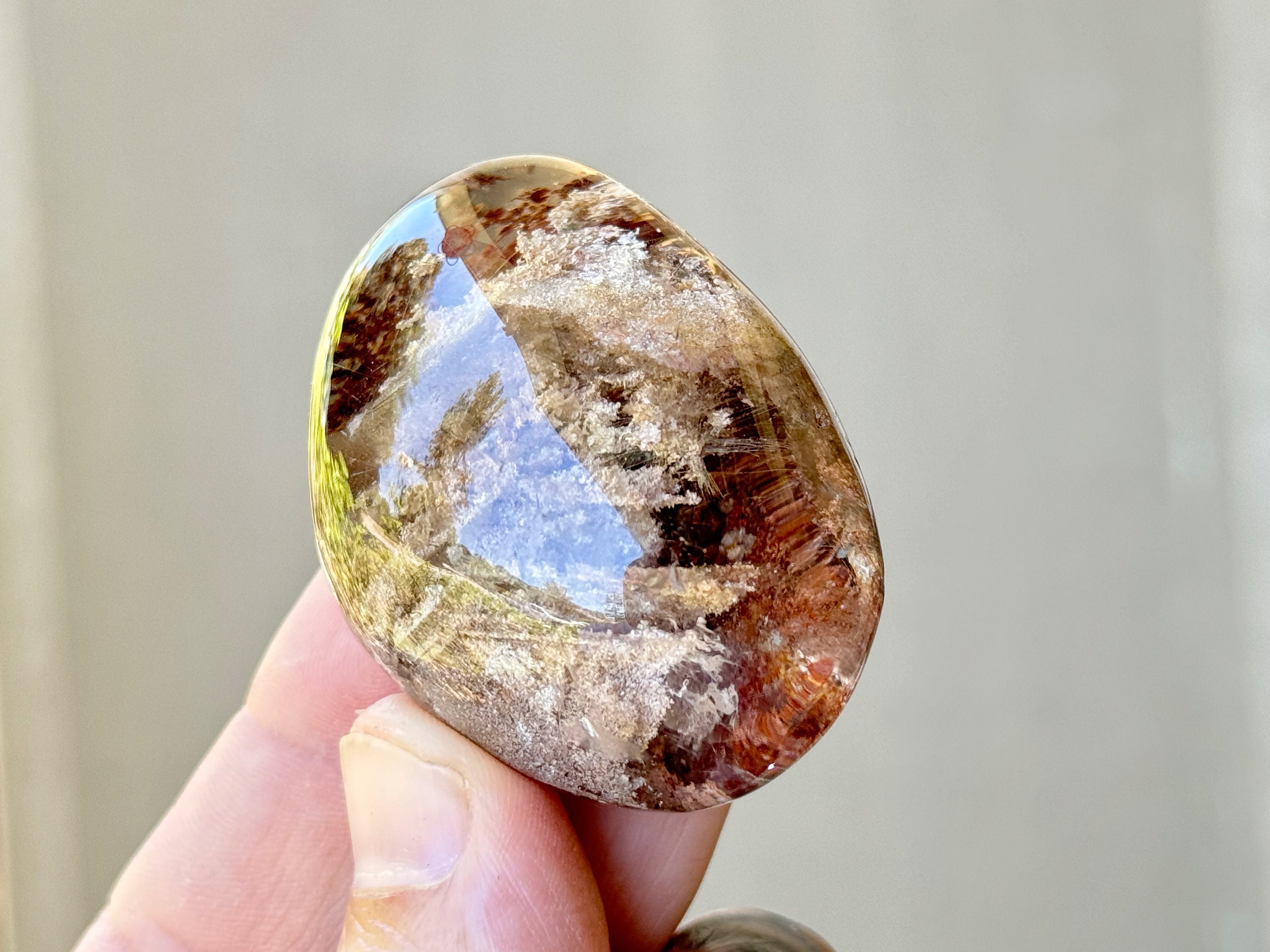Smoky Lodolite Quartz Palm Stone with Beautiful White Garden Inclusions ...