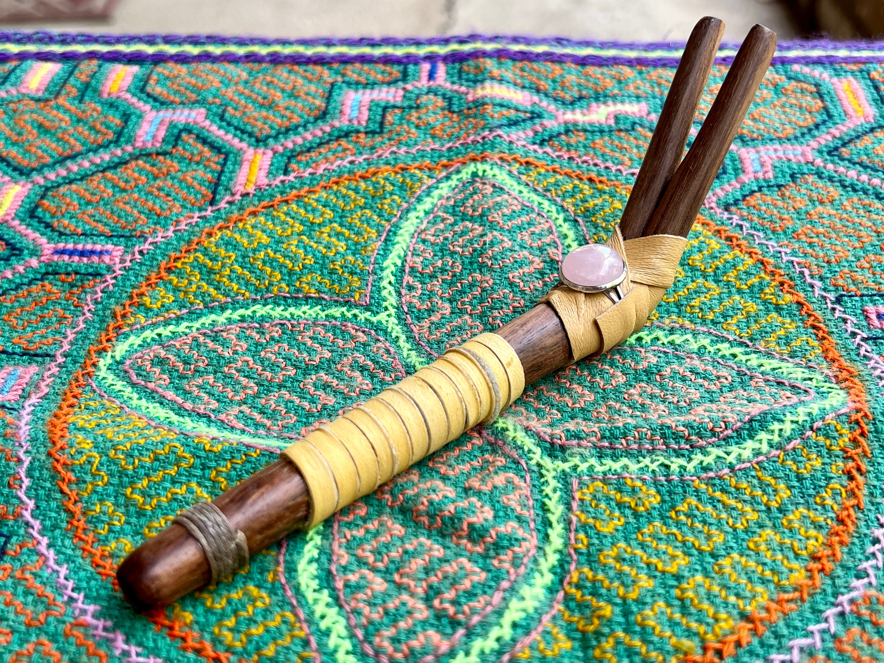 Double Tepi (kuripe) pipe with Rose Quartz, Handcrafted Dark Wood Tepi