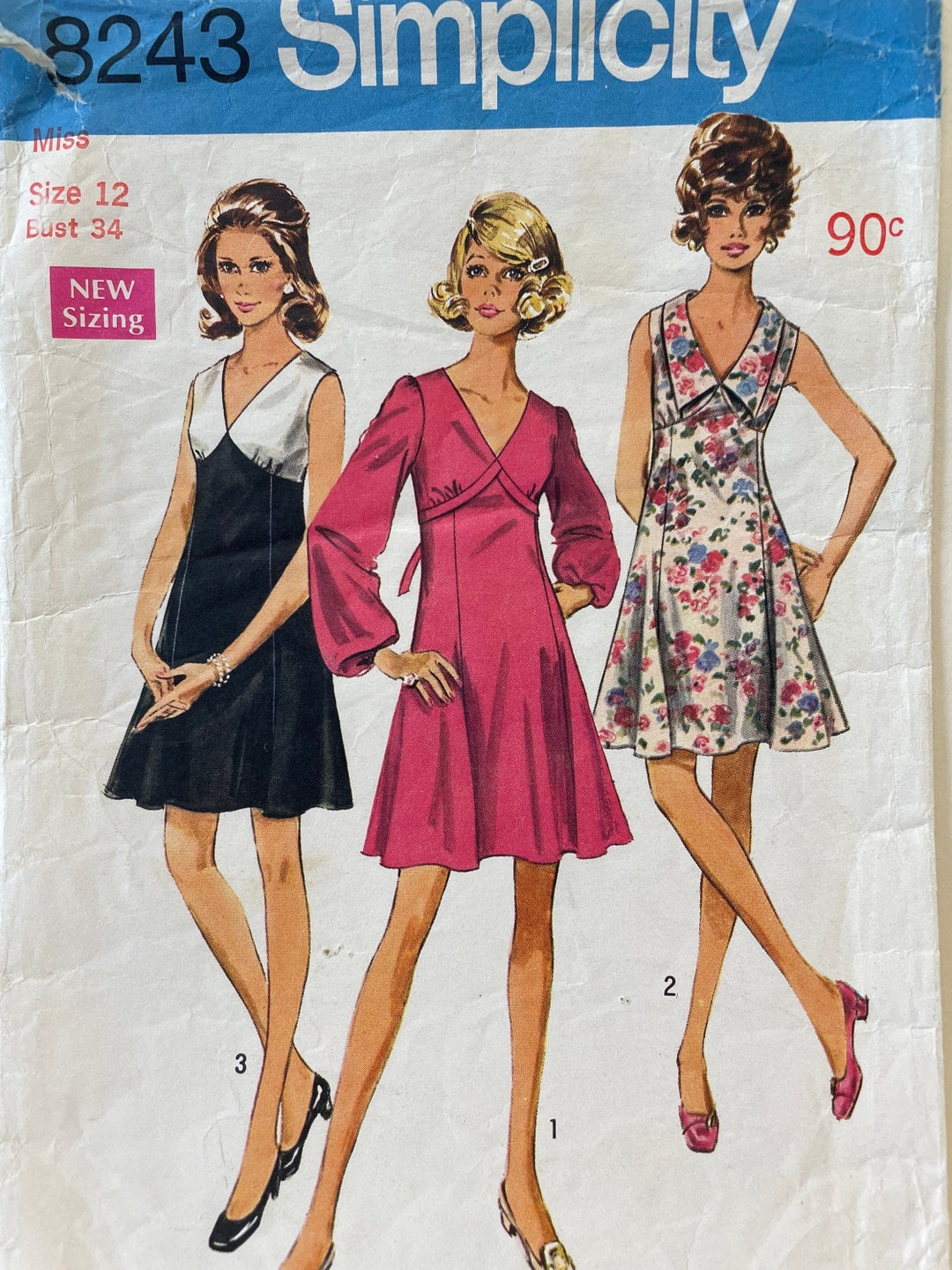 1960s Dress Empire Waist Simplicity 8243 Vintage Sewing Pattern Bust 34 ...