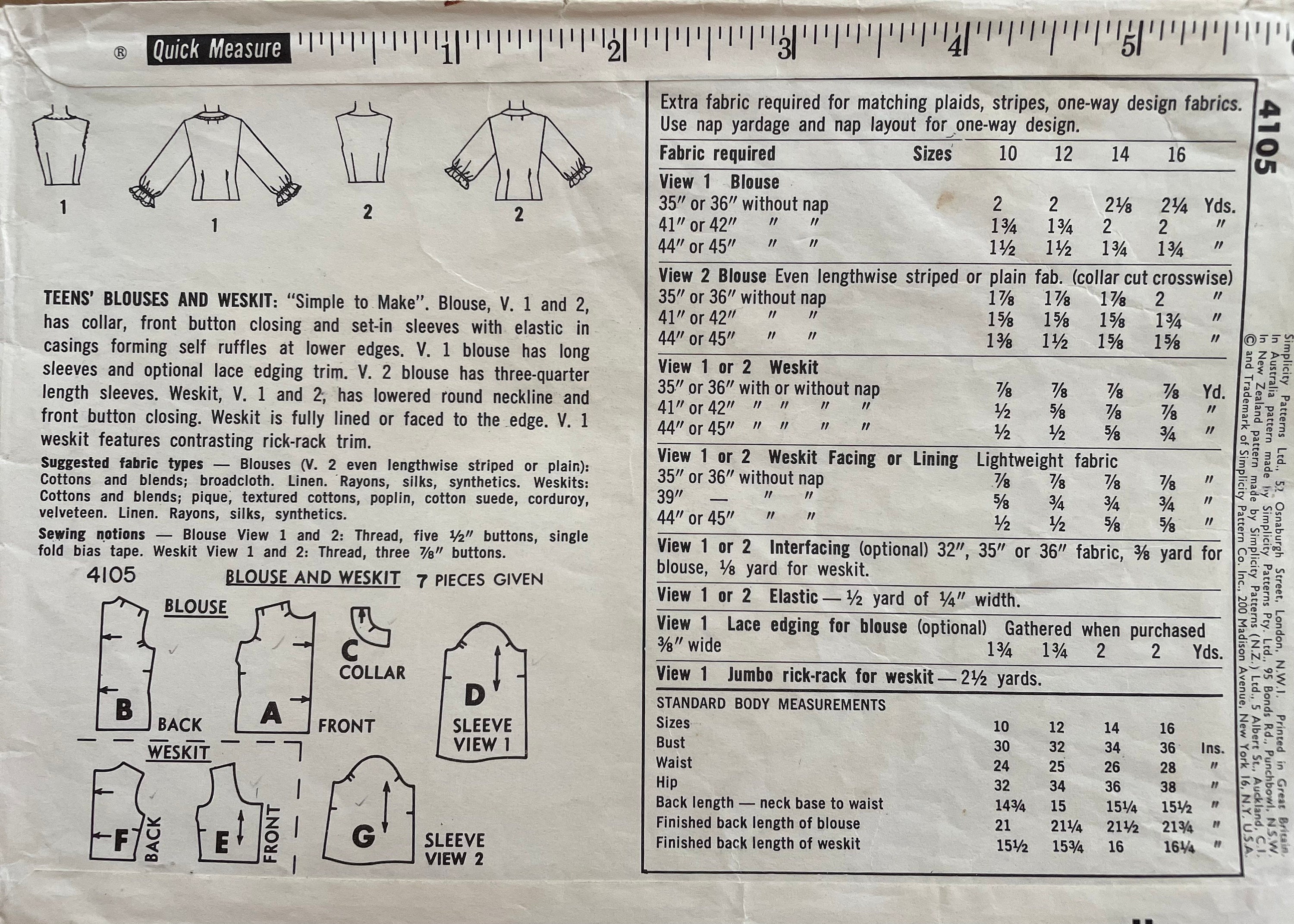1960s Fitted Blouse and Weskit Simplicity 6531 Vintage Sewing Pattern B ...