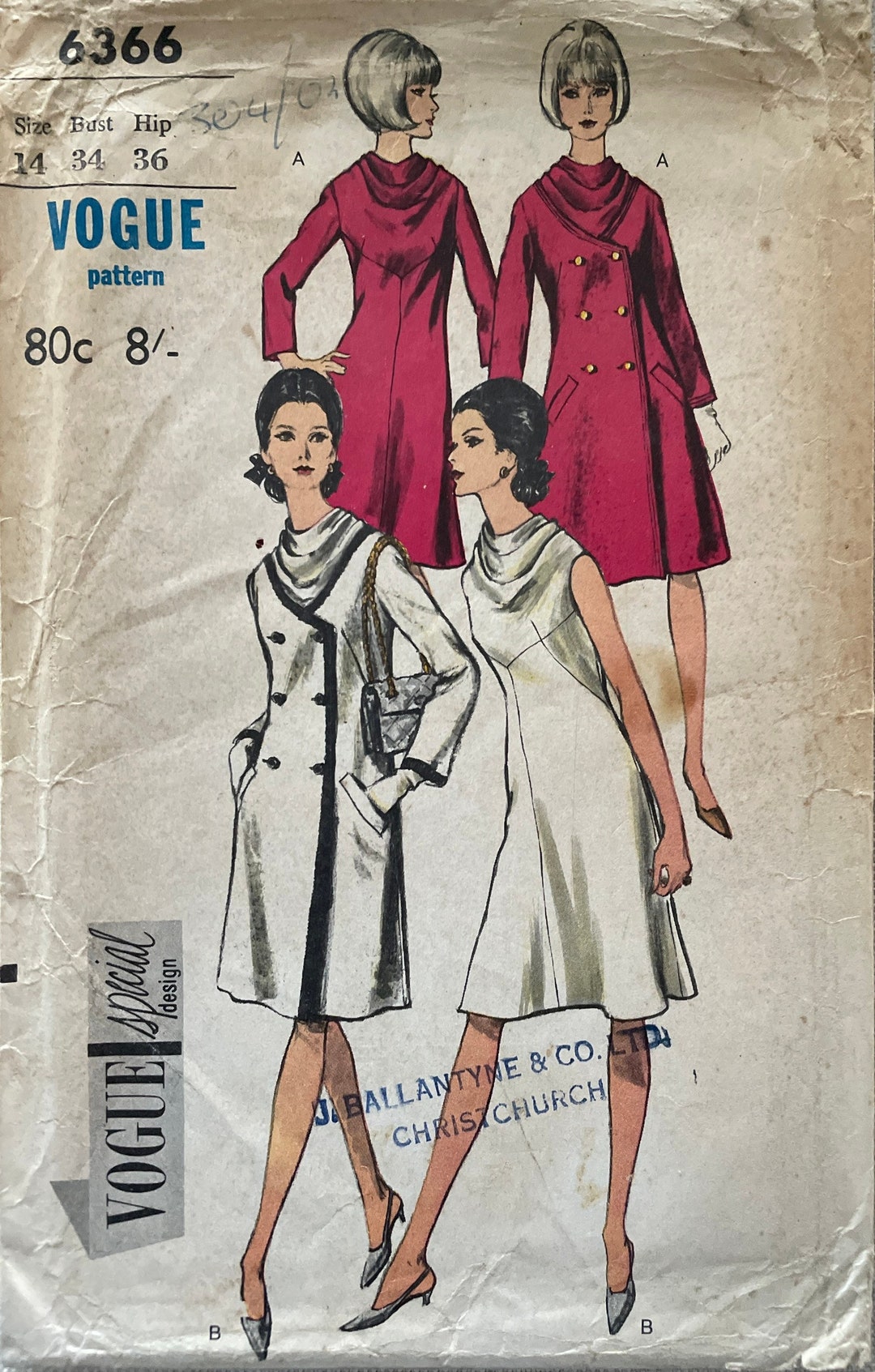 1960s Cowl Neck Dress and Double Breasted Coat Vogue 6366 Uncut Sewing ...