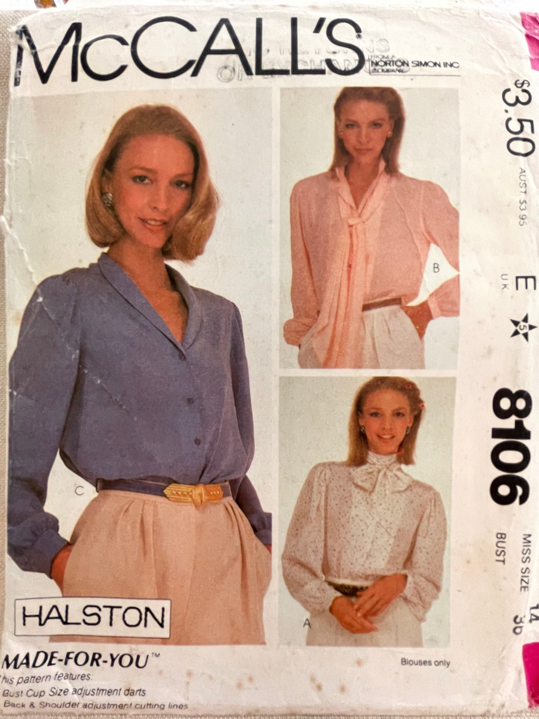 1980s Set of Blouses by Halston Designer Mccalls 8106 Uncut Vintage Sewing Pattern B36 W 28 H36 ...