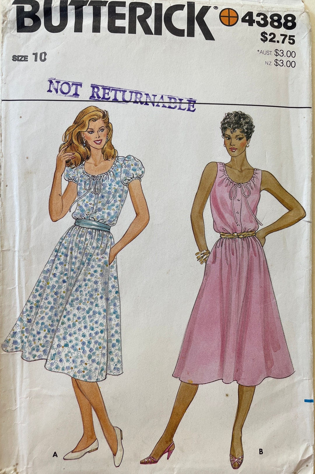 1980s Dress With Gathered Neckline Butterick 4388 Uncut Bust 32.5 Waist ...