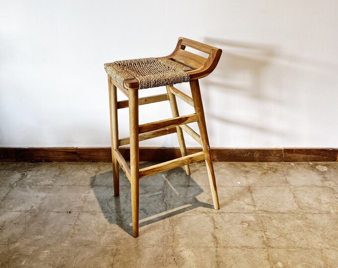 RAFFIA BAR STOOL, Handmade Teak Wood Stool for Bar or Kitchen Chair - Etsy