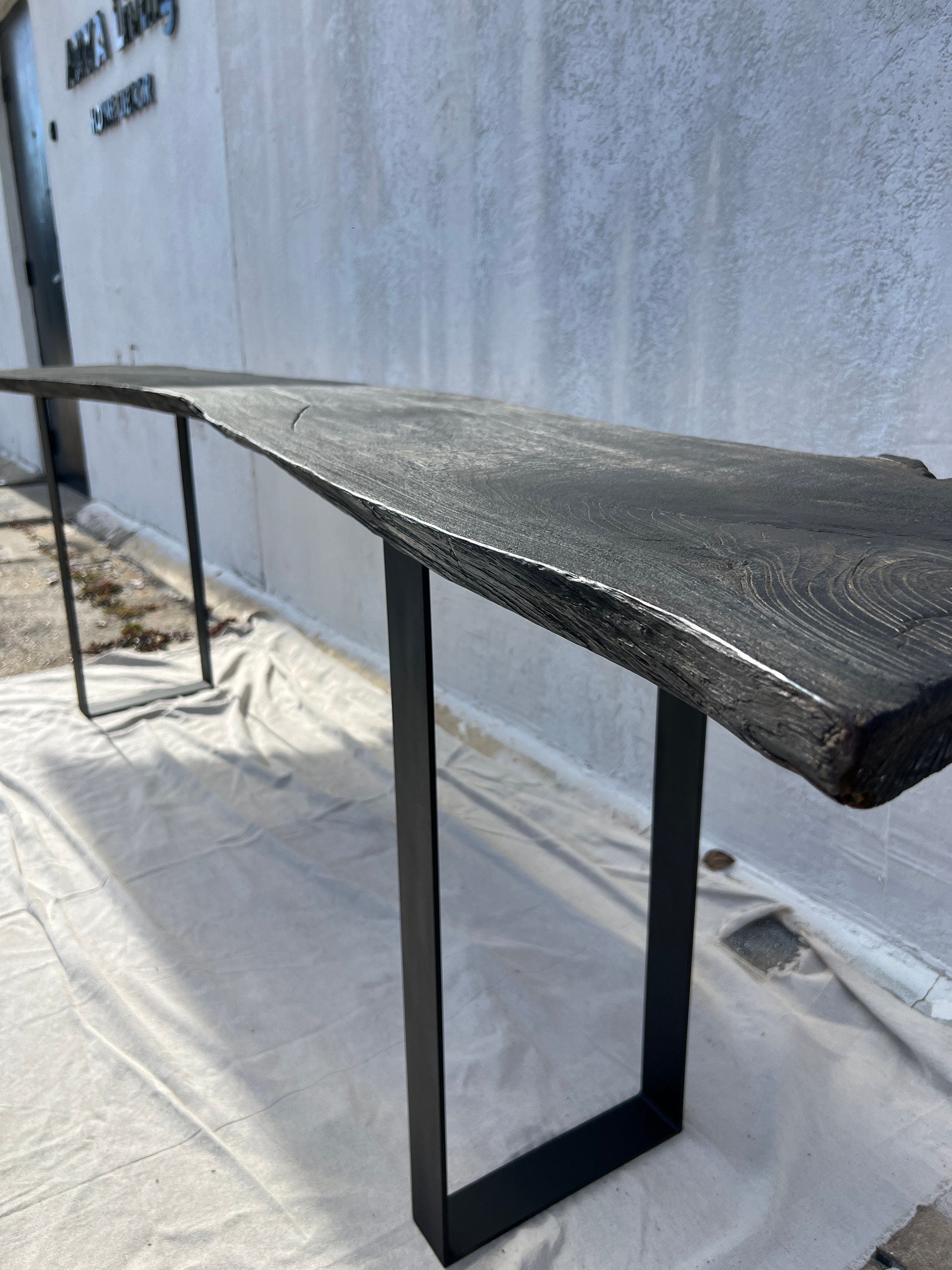 Fire Burnt Teak Wood Console With Black Metal Legs - Etsy