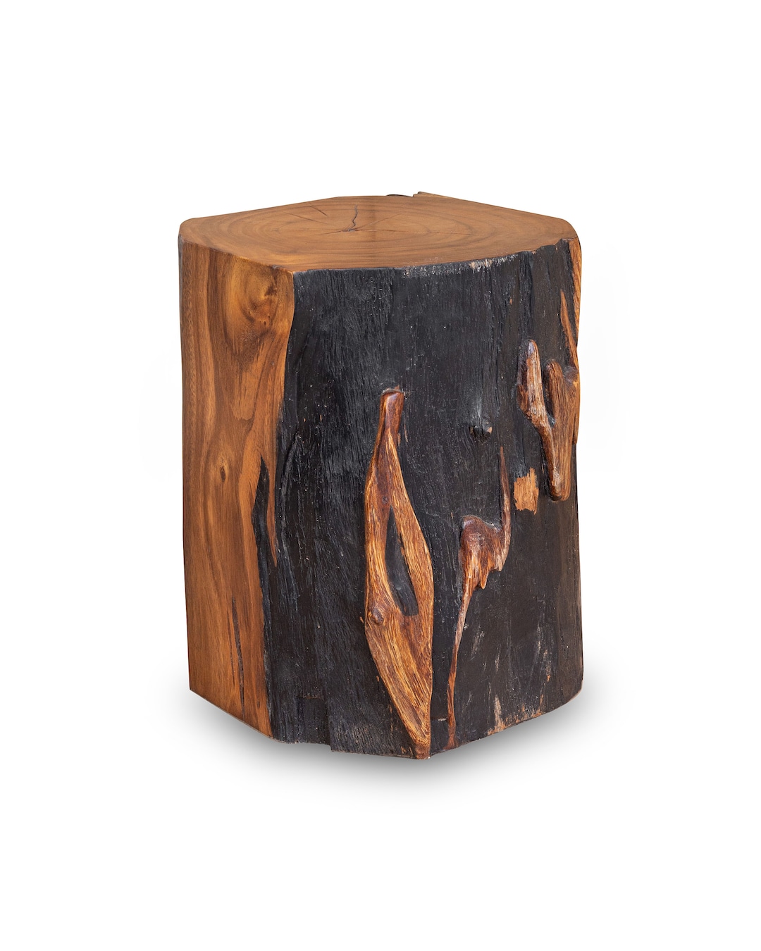 ACACIA WOOD STOOL Square Solid Side Table, Black and Brown Natural Tree ...