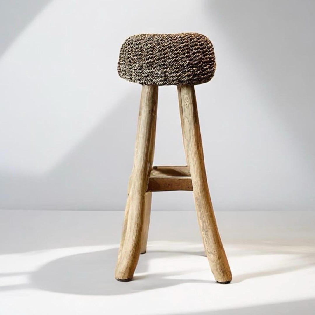 RAFFIA BAR STOOL, Handmade Teak Wood Stool for Bar or Kitchen Chair - Etsy
