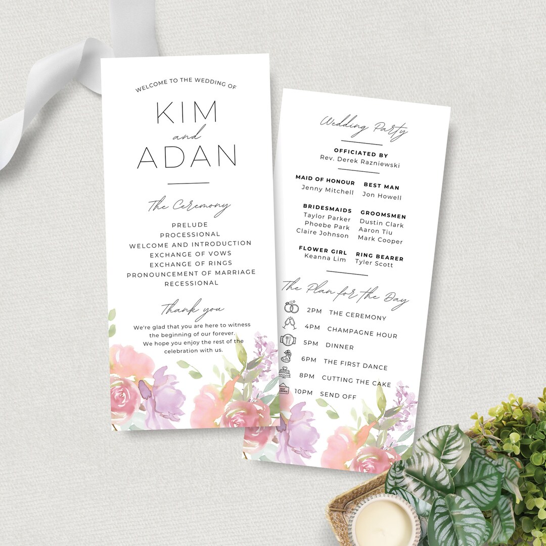 Floral Wedding Program, Elegant Wedding Program Template, Instant ...