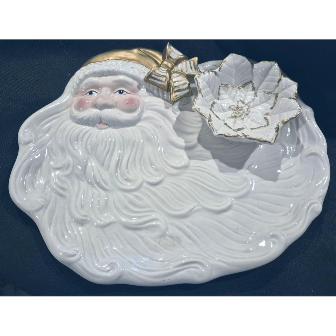 Vintage Santa Claus Ceramic Serving Plate With Gold Accents Poinsettia ...