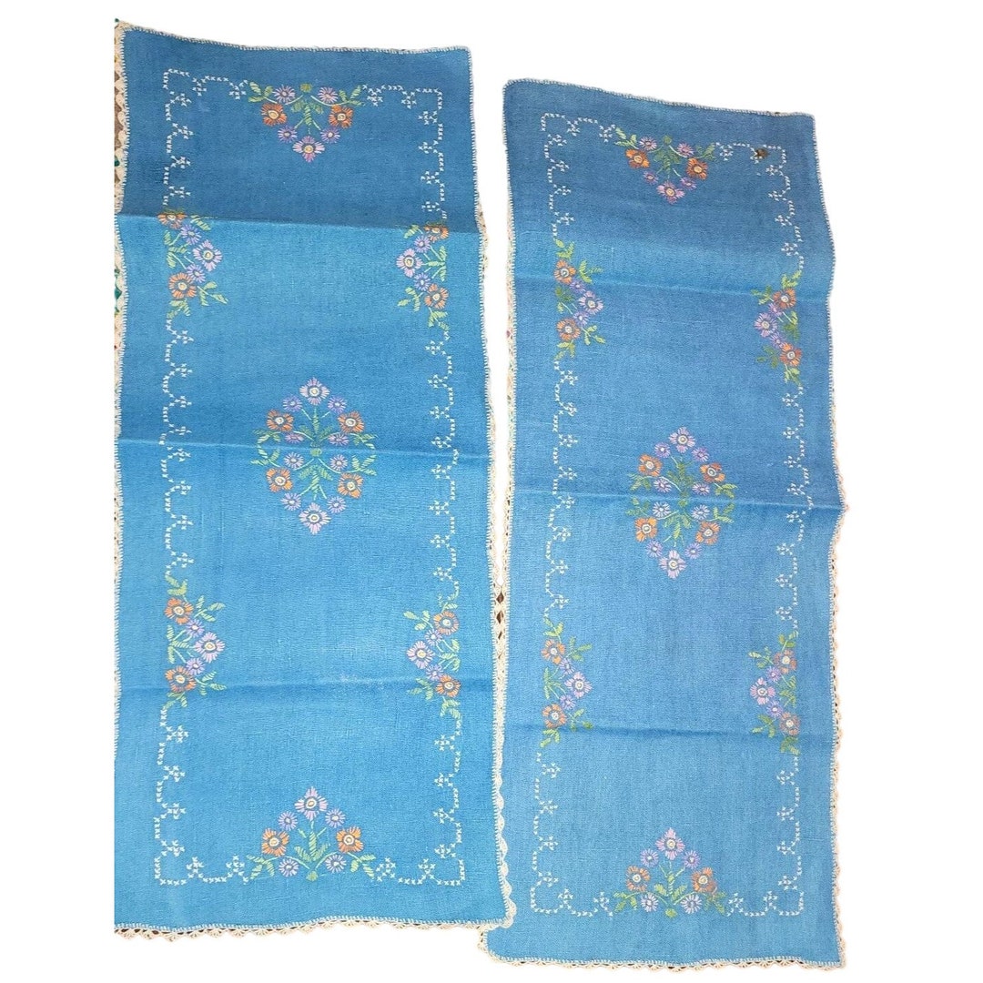 Pair of Vintage Baby Blue Table Linens 31X12 Embroidered Hand-sewn Lace ...