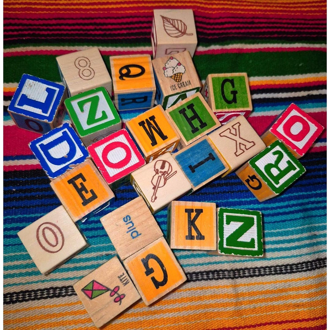 23 Hand-painted Wooden Alphabet & Number Blocks With Colorful Designs ...