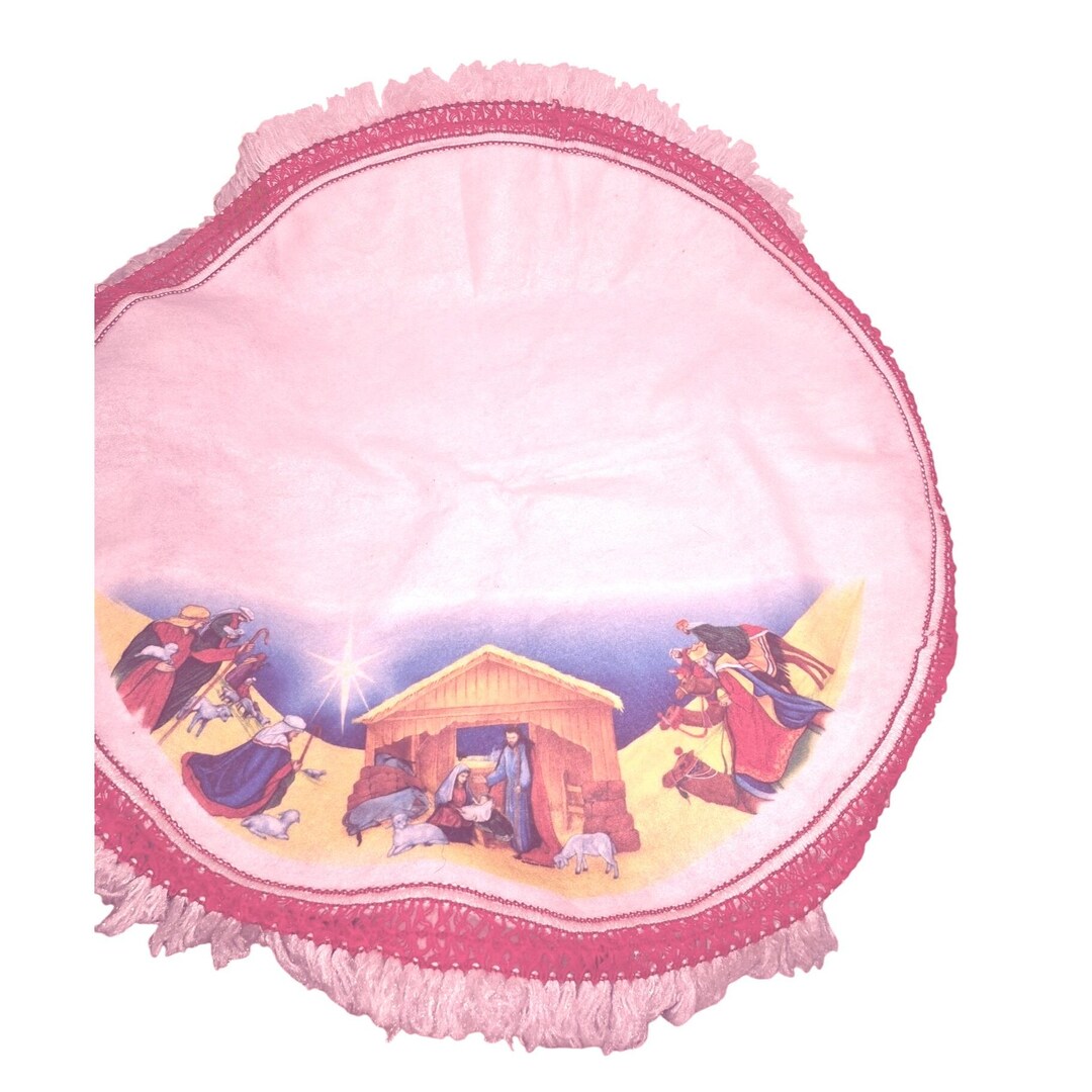 Vintage Mcm Round Nativity Scene Blanket Tree Skirt Fringe Red Border ...