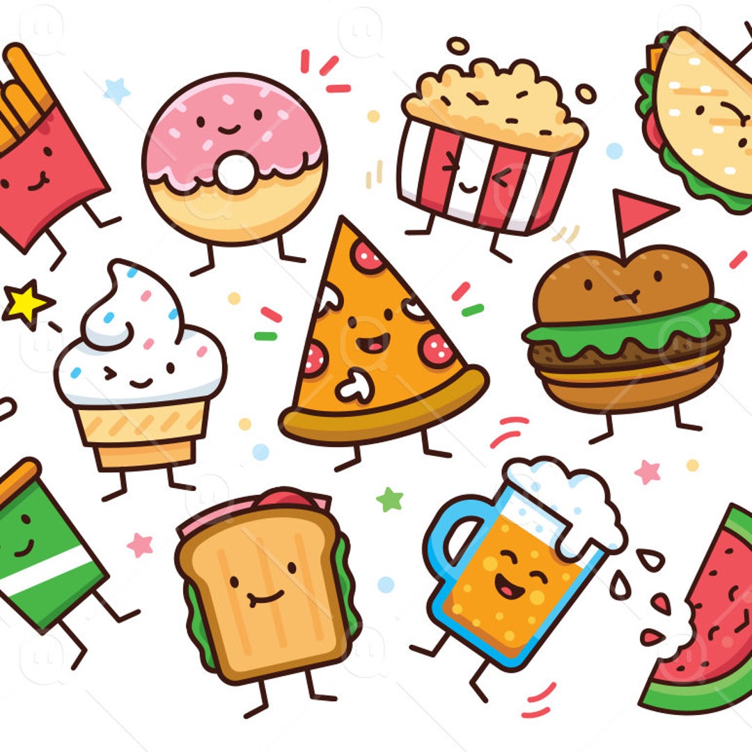 Food Doodle, Food Cute Characters Clipart, Pizza, Burger, Ice Cream ...