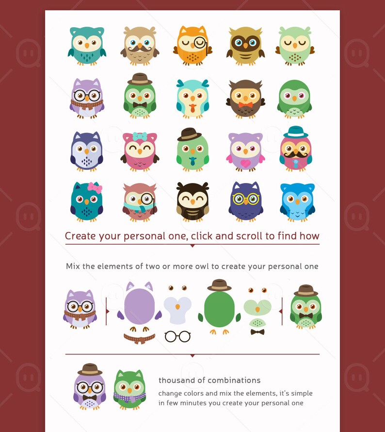 Owl Clip Art, Digital Owls Clipart, Cute, Sweet and Colored - Etsy