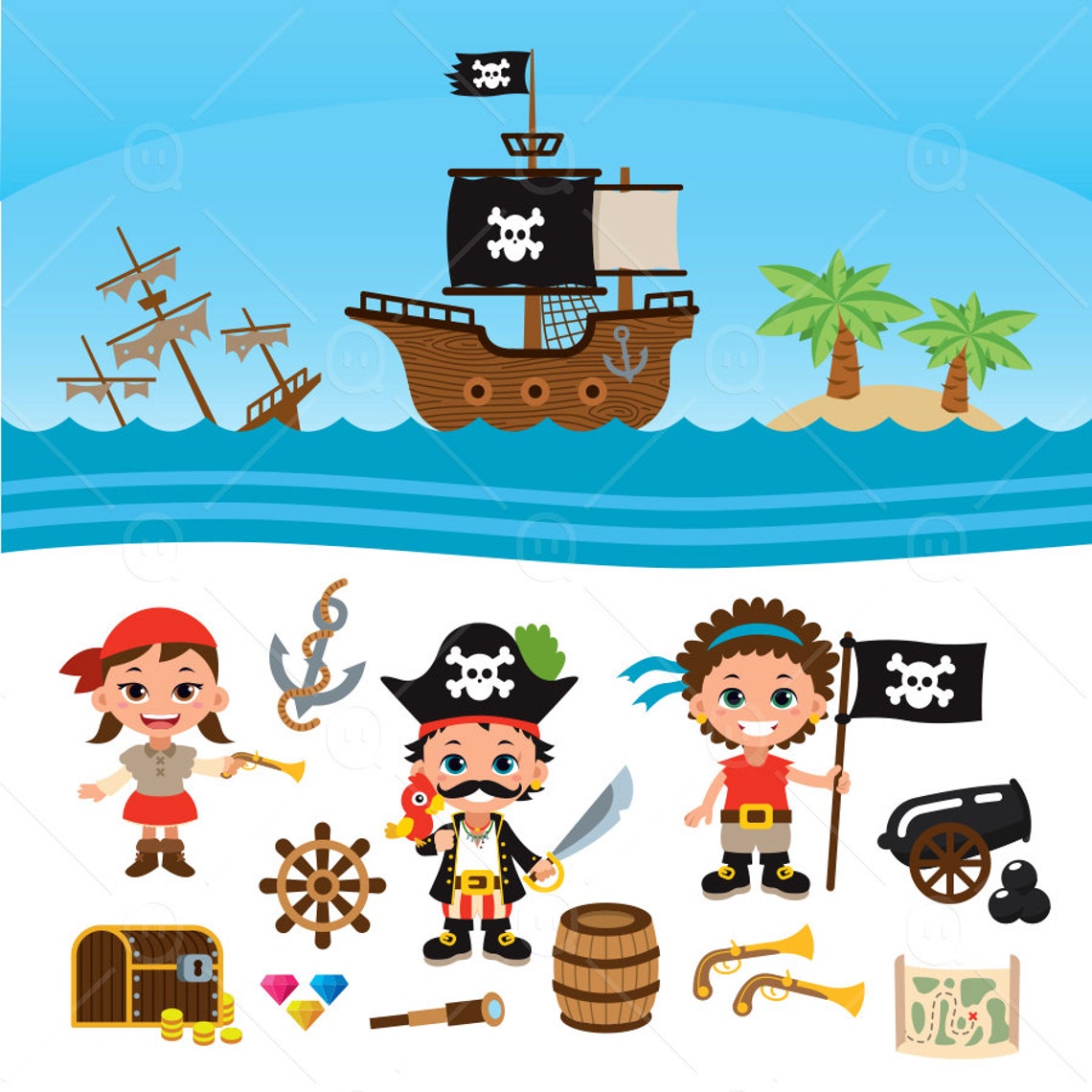 Pirates Vector Clipart, Children Pirates Clipart, Cute Children Play ...