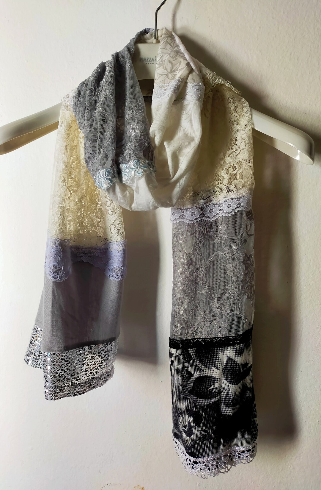 Unique French Designer Scarf, Romantic Patch Scarf, Chic Fabric Scarves ...