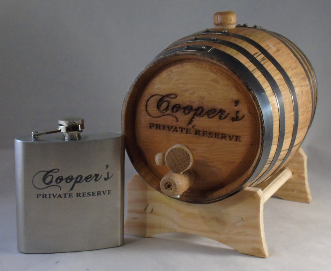 Engraved Oak Aging Barrel and Engraved Stainless Steel Flask Gift Set ...