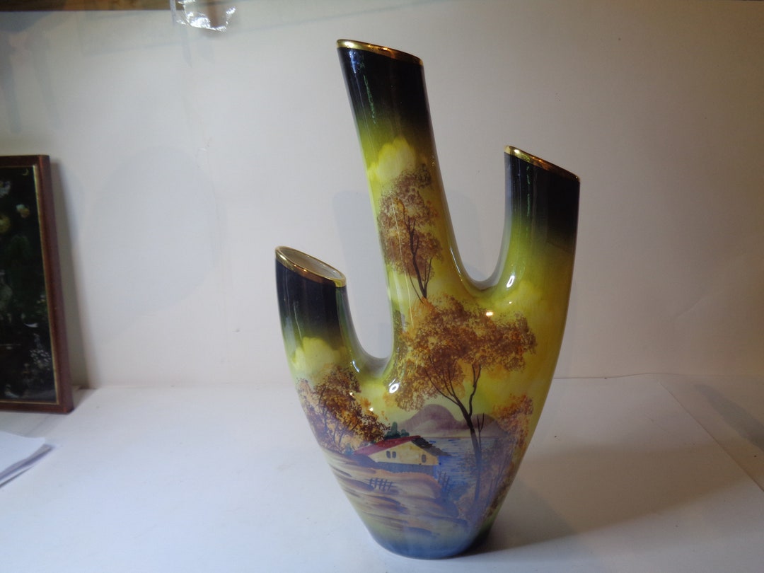 Italian ALFA Ceramics Triple Vase Hand Painted Under Glaze Circa 1930's ...