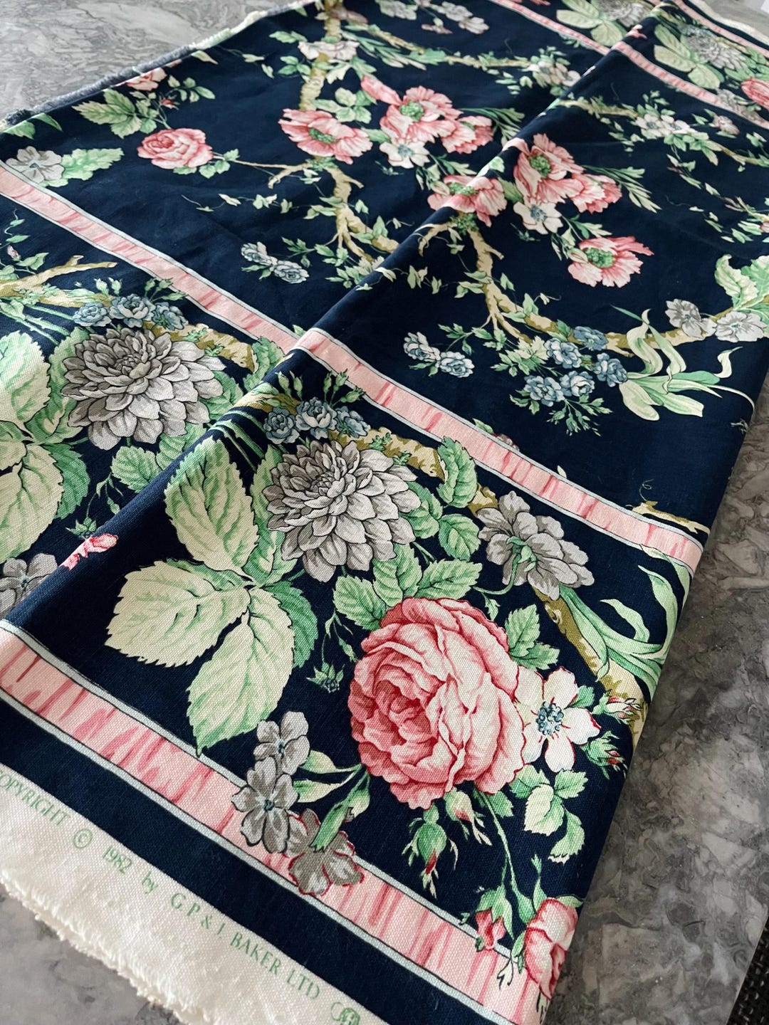 Vintage G.P and J Baker Genovese Fabric : Pink Roses and Ribbons on a ...