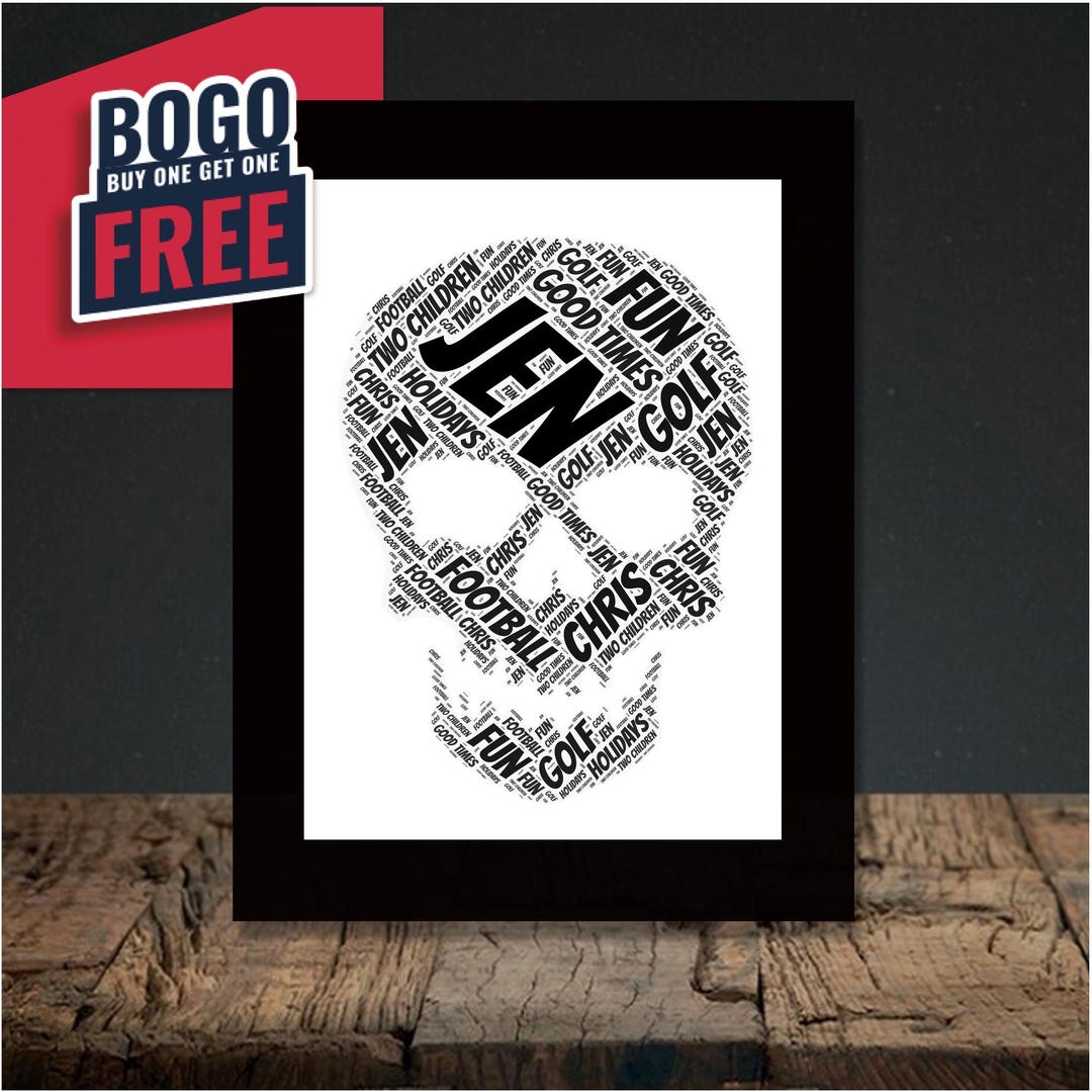 Personalised Skull Word Art - Unique A4 and A3 Framed Decor for Gothic ...