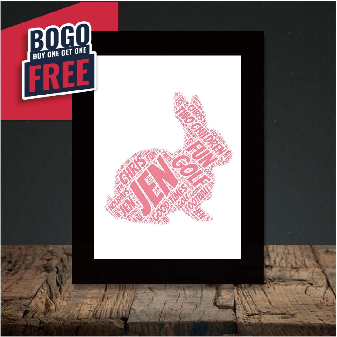 Personalised Rabbit Word Art: A4 and A3 Framed Customizable Bunny Print ...