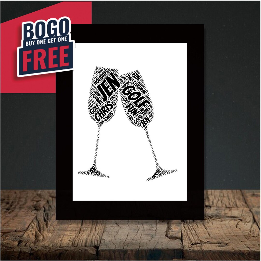 Personalised Champagne Glasses Word Art - Unique A4 and A3 Framed Gifts ...